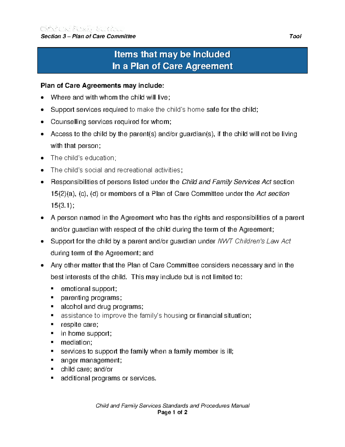 Tool Items that may be Included in a POCA - Section 3 – Plan of Care ...
