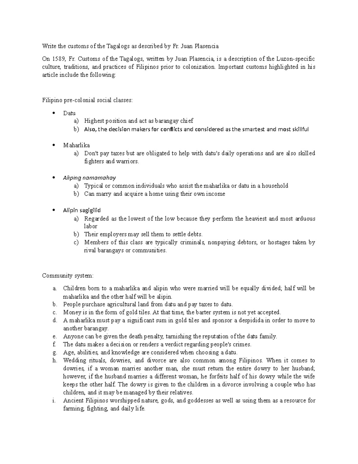 Customs of the tagalog - Write the customs of the Tagalogs as described ...