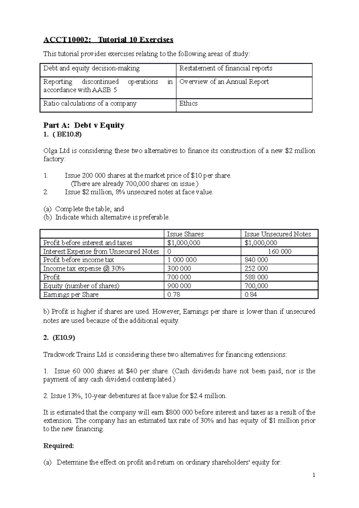 ACCT10002 Tutorial 10 Exercises - ACCT10002: Tutorial 10 Exercises This tutorial provides ...