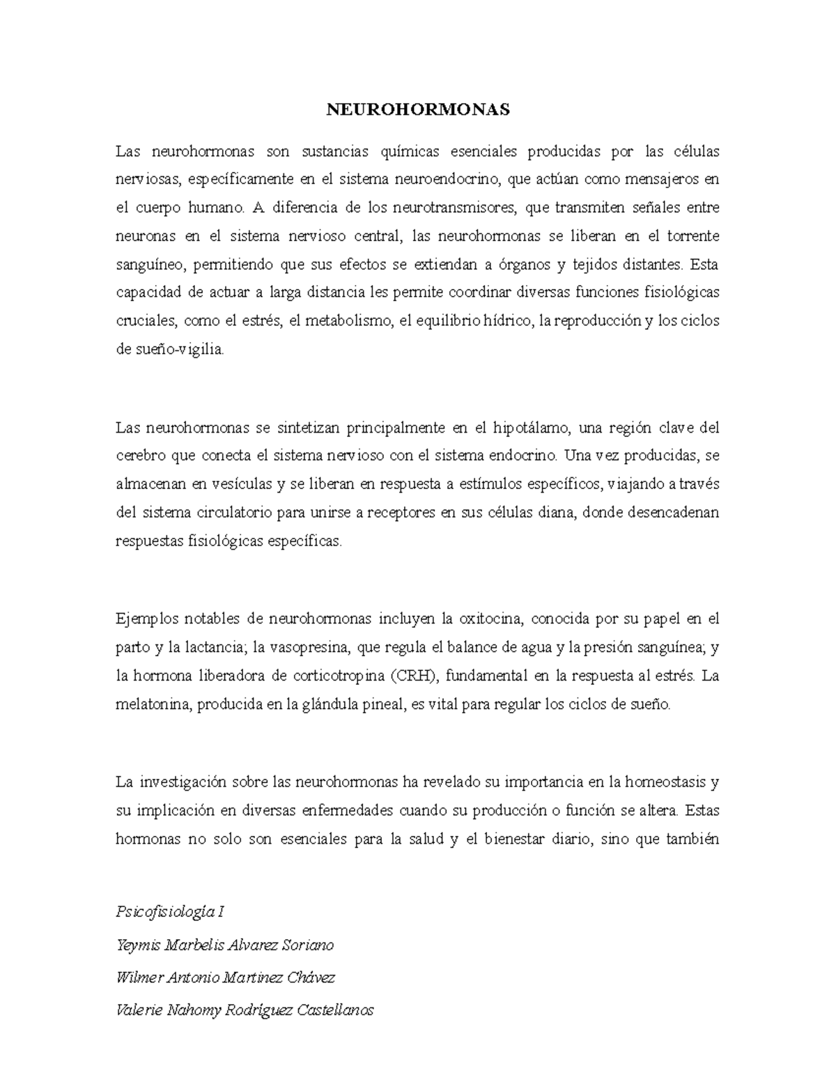 Neurohormonas - Tarea de Psicofisiología - NEUROHORMONAS Las ...