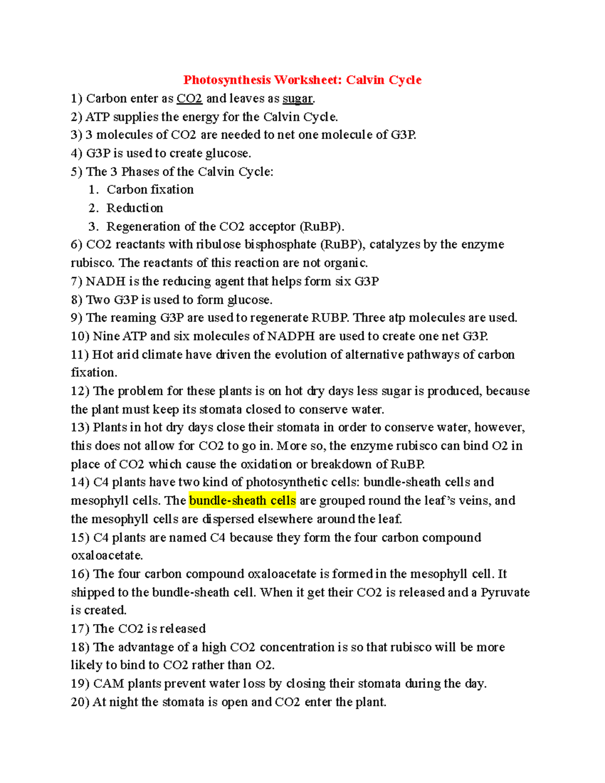Photosynthesis Worksheet Calvin Cycle - Photosynthesis Worksheet ...