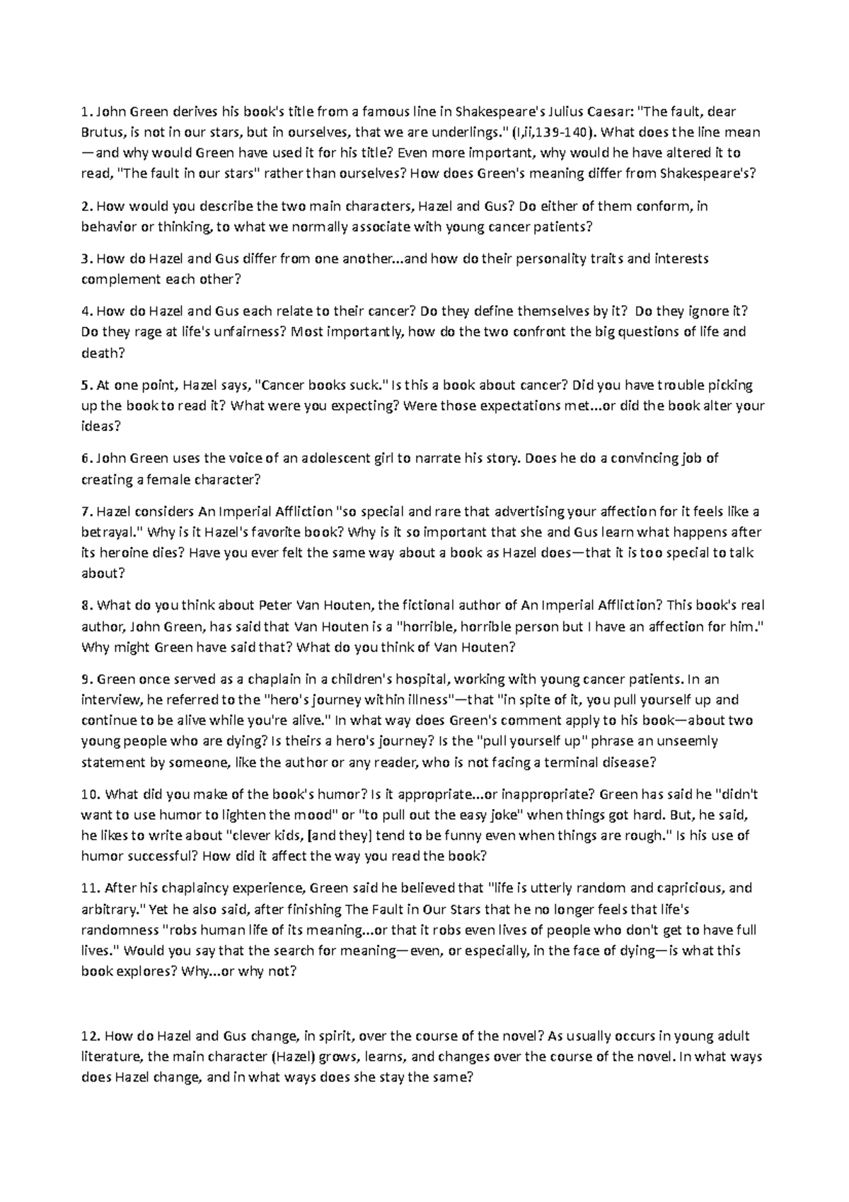 Essay titles for The Fault in our Stars by John Green - John Green ...