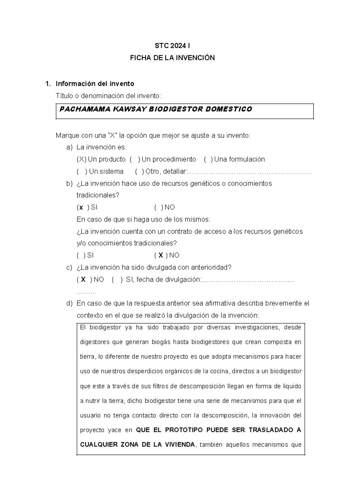 Ficha DE Invencion Pachamama Kawsay - STC 2024 I FICHA DE LA INVENCIÓN ...
