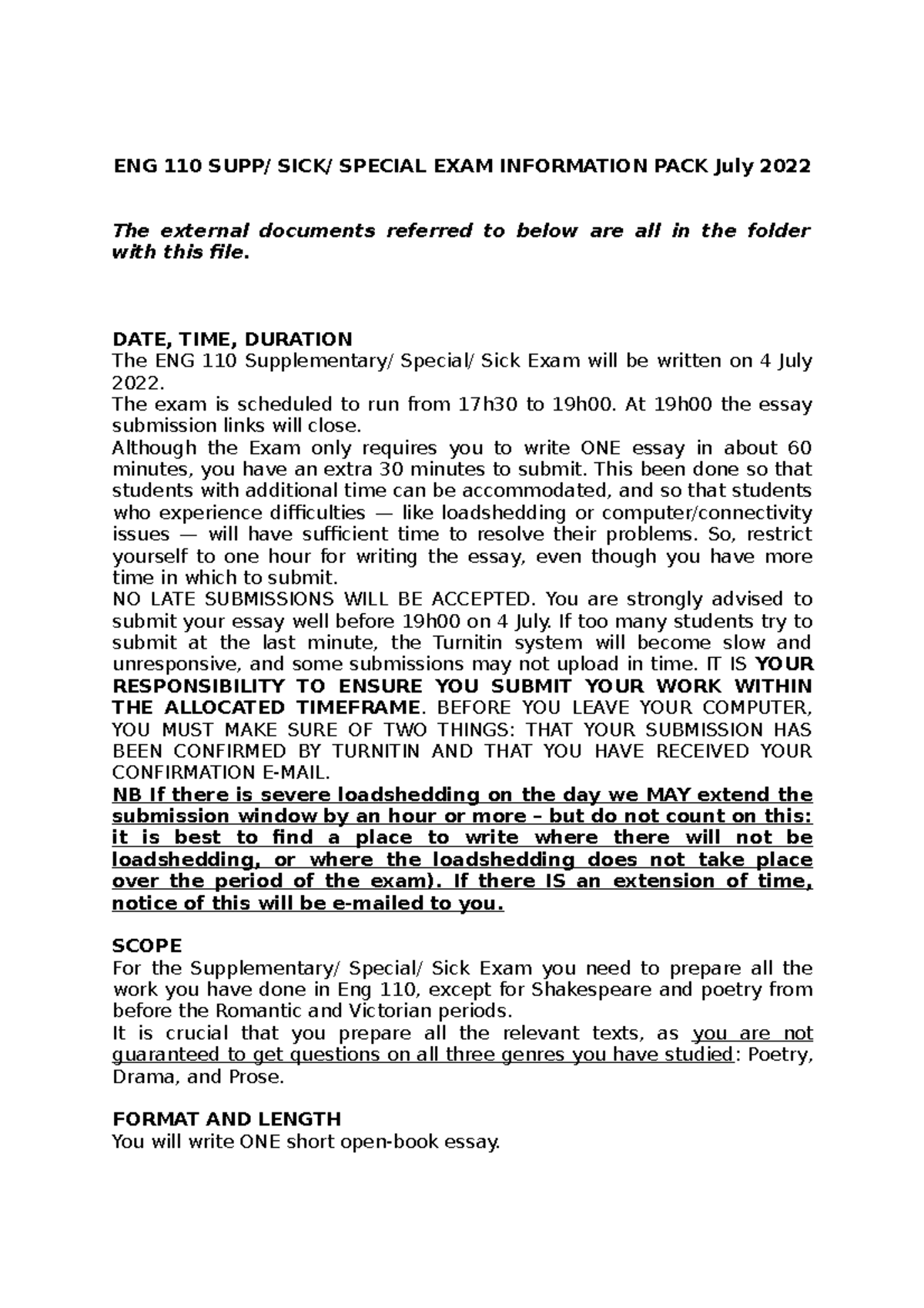 ENG 110 SUPP or SICK or Special EXAM Information PACK - ENG 110 SUPP ...