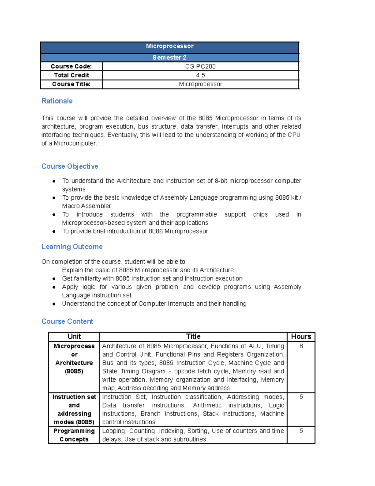 Microprocessor - Microprocessor Semester 2 Course Code: CS-PC 203 Total Credit 4. 5 Course Title ...