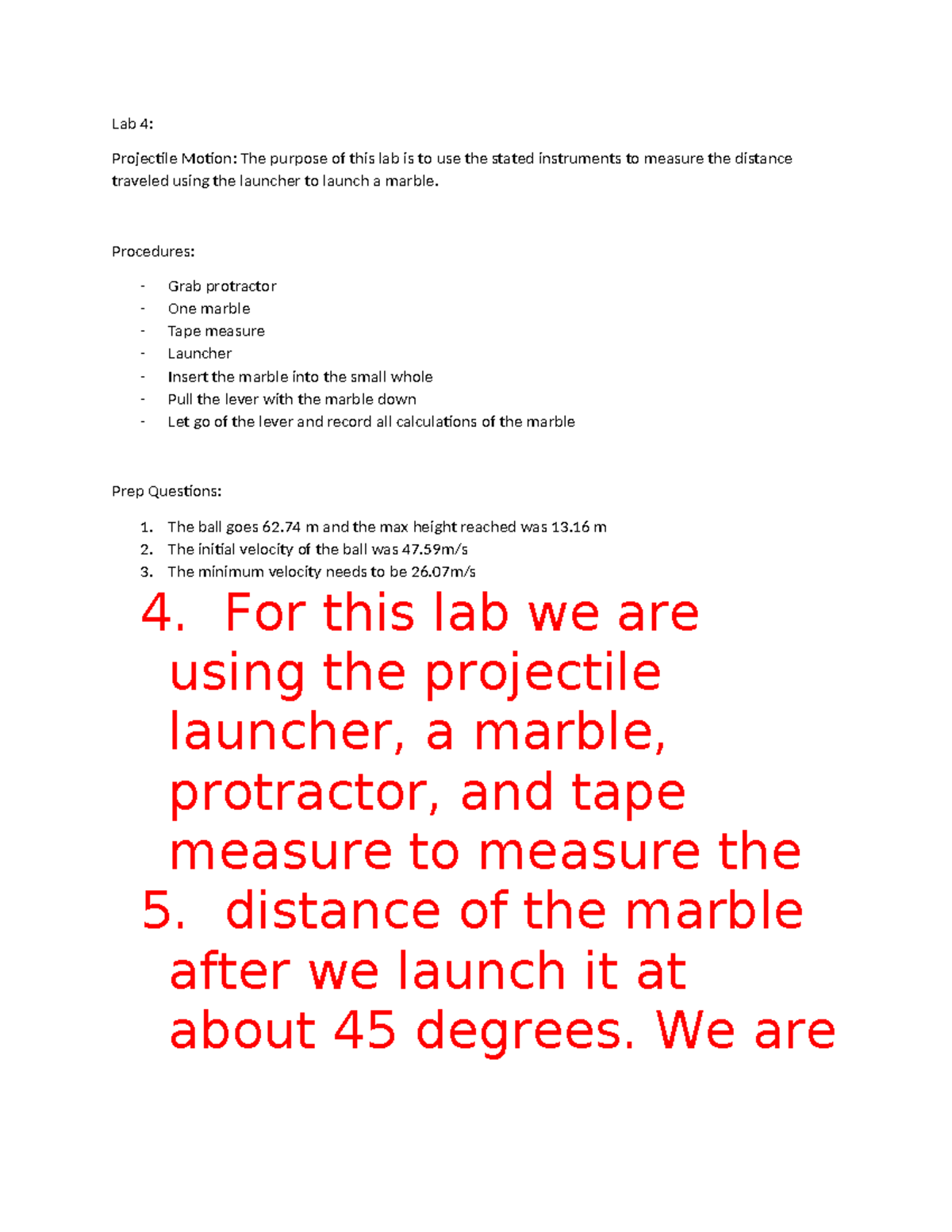 Lab 4 - Lab 4: Projectile Motion: The purpose of this lab is to use the ...