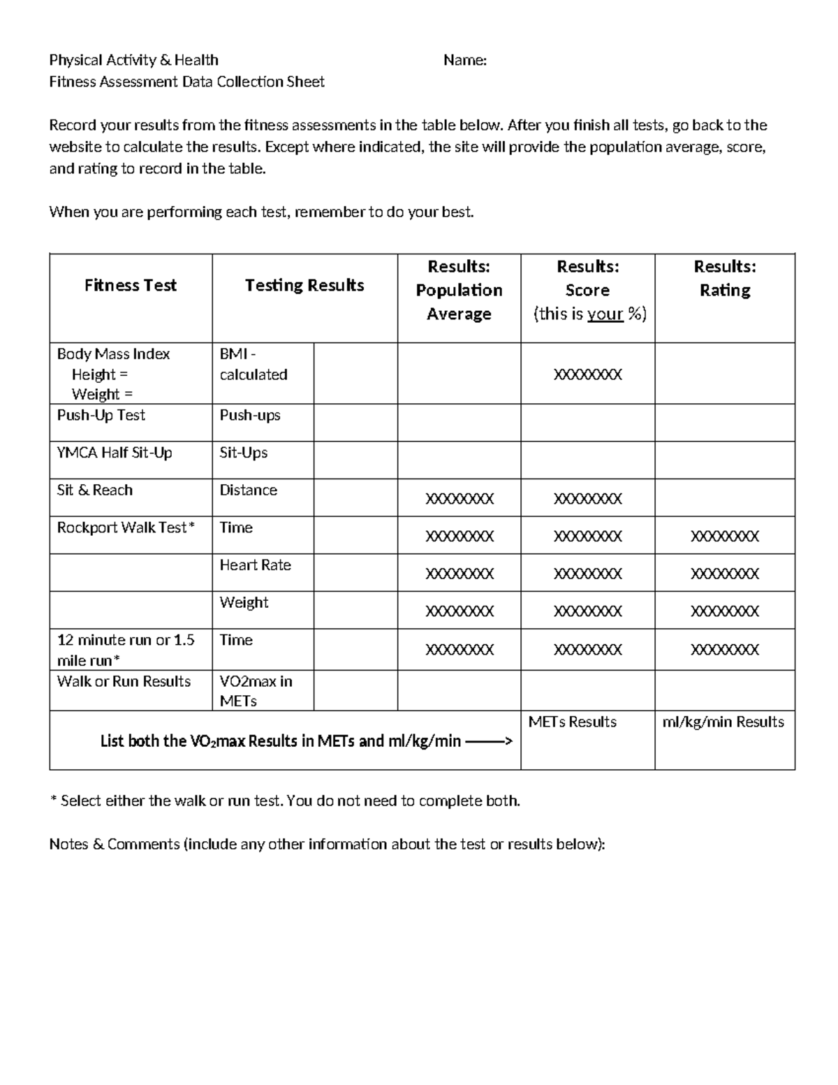 Fitness Asssessments Data Collection Sheet - Physical Activity & Health ...