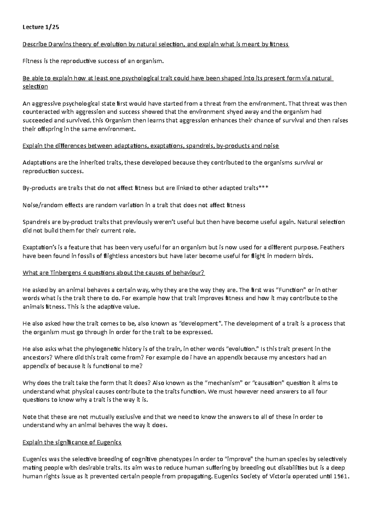 PSYC2015 Neuroscience Summary - Lecture 1/ Describe Darwins theory of ...