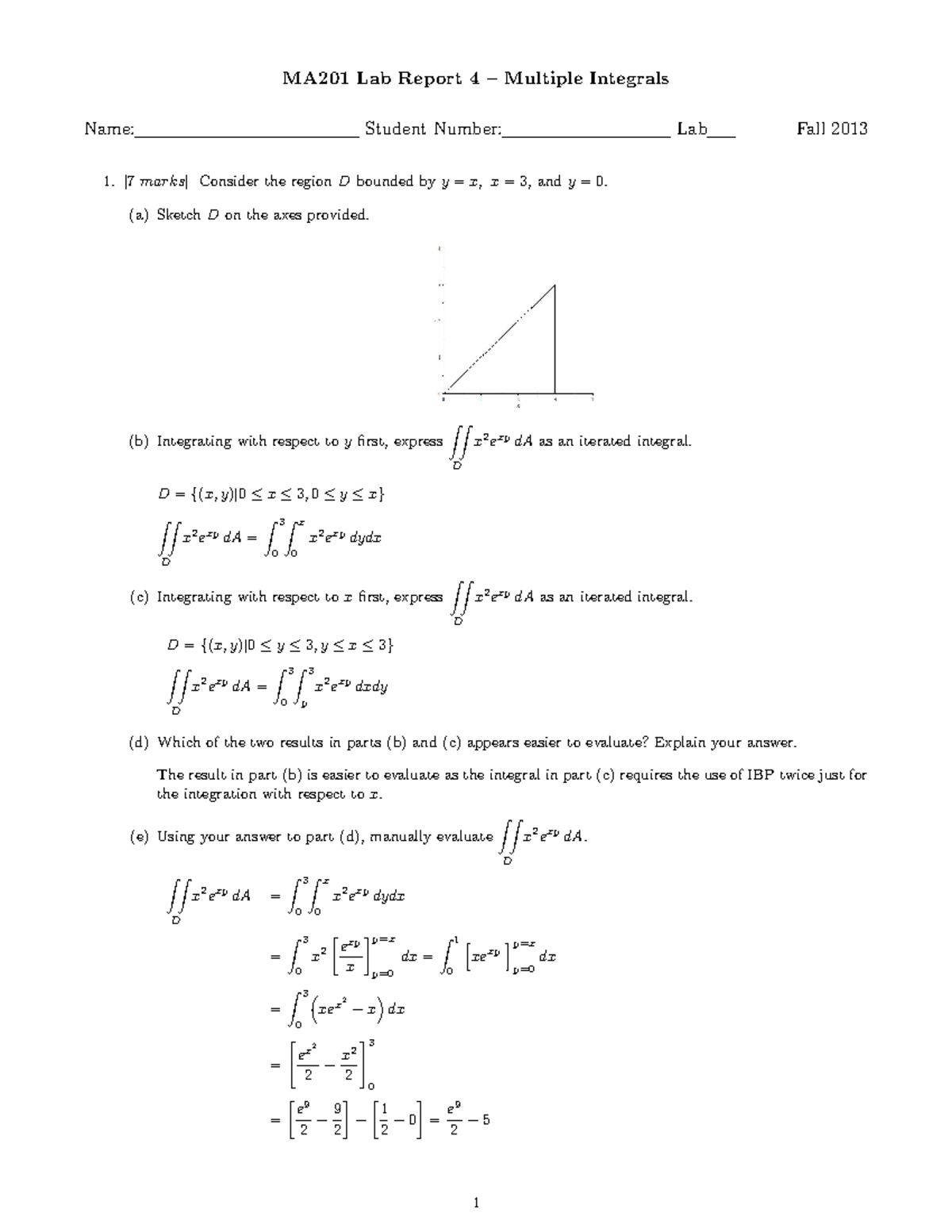 Lab 4 - MA201 LAB FALL 2013 - MA201 Lab Report 4 – Multiple Integrals Name: Student Number: Lab ...