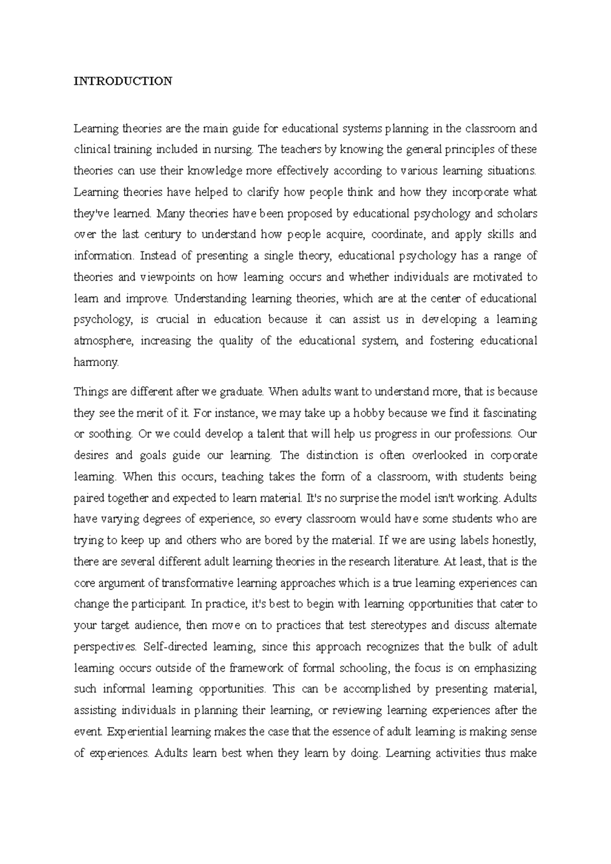 Adult Learning Theory Learning in Psychology - INTRODUCTION Learning ...