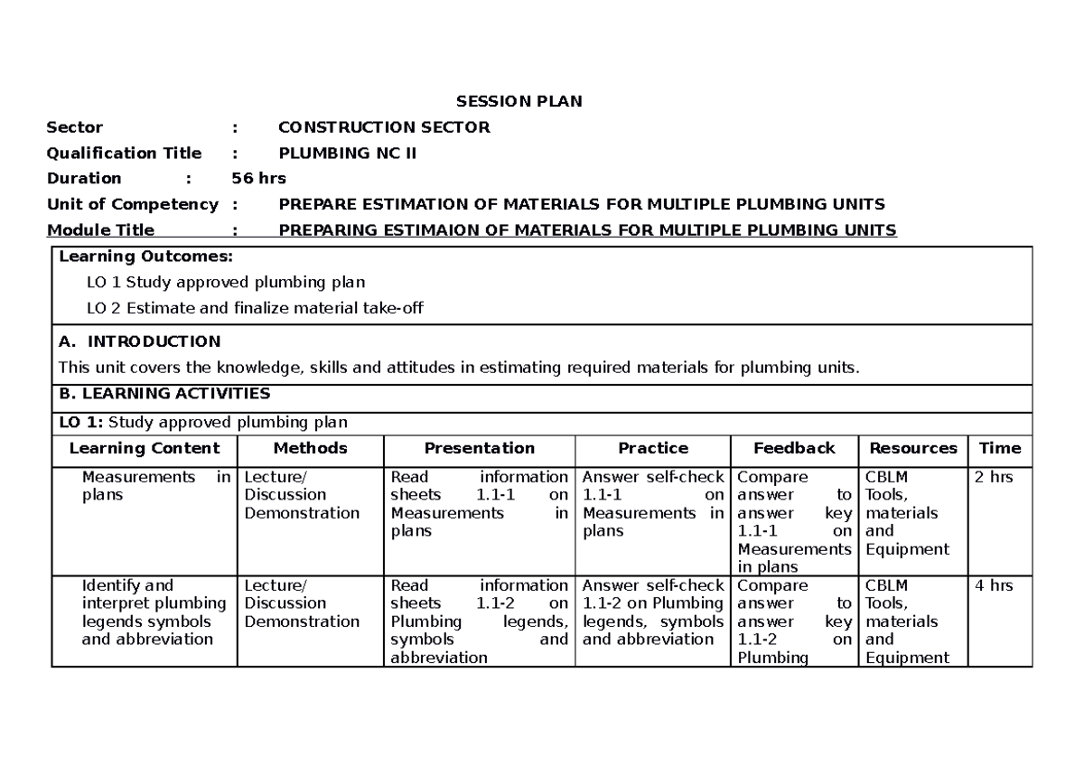 Session Plan Plumbing (Core) - SESSION PLAN Sector : CONSTRUCTION ...