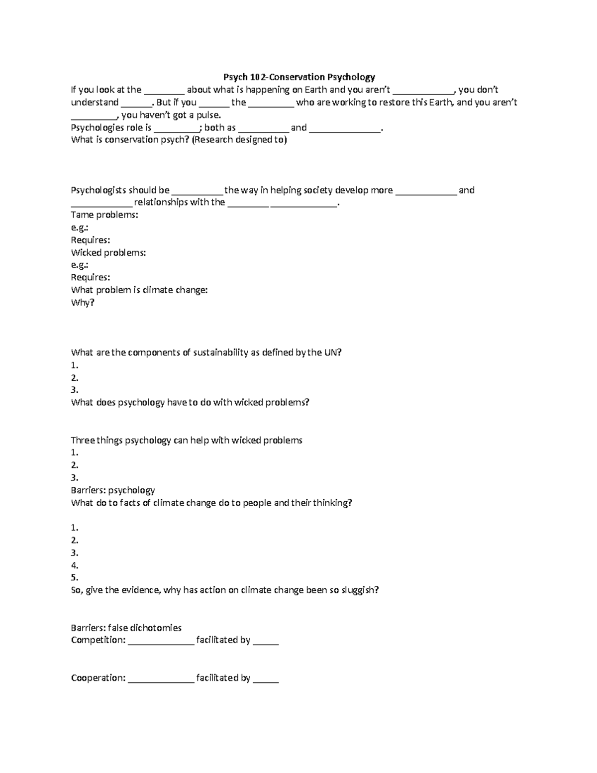 Quiz 2 2018, questions - Warning: TT: undefined function: 32 Psych 102-Conservation Psychology ...