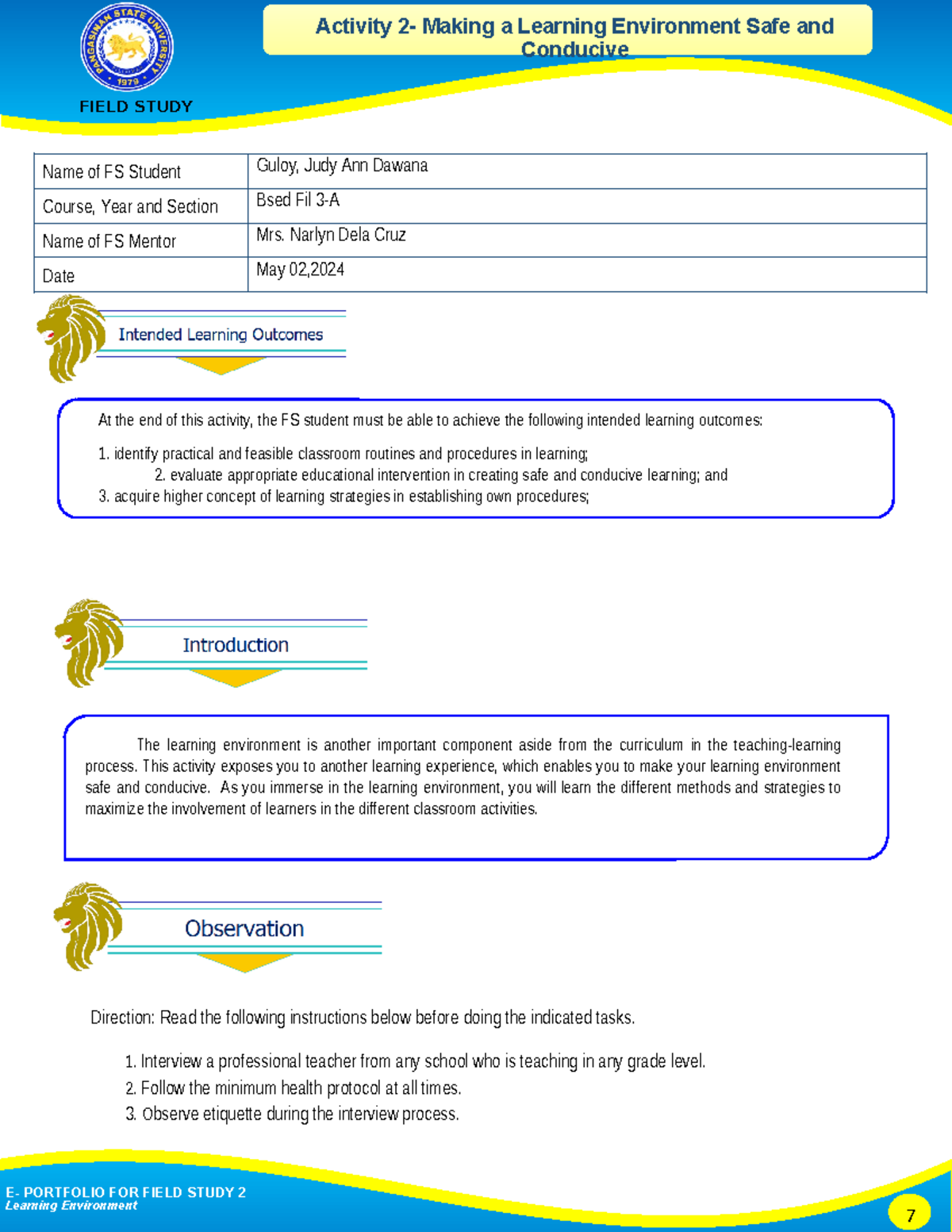 FS 2 Activity 2DONE - NONE - Conducive E- PORTFOLIO FOR FIELD STUDY 2 ...