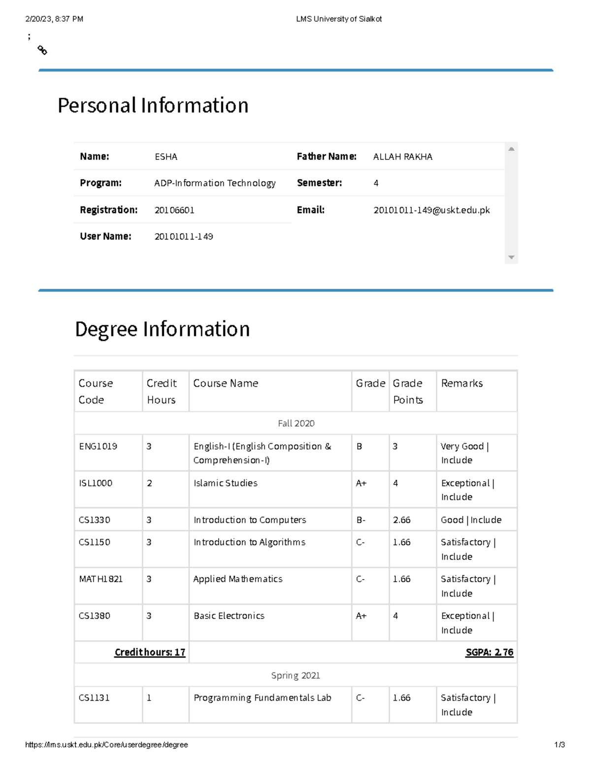LMS University of Sialkot - uskt.edu/Core/userdegree/degree 1/ ; Name ...