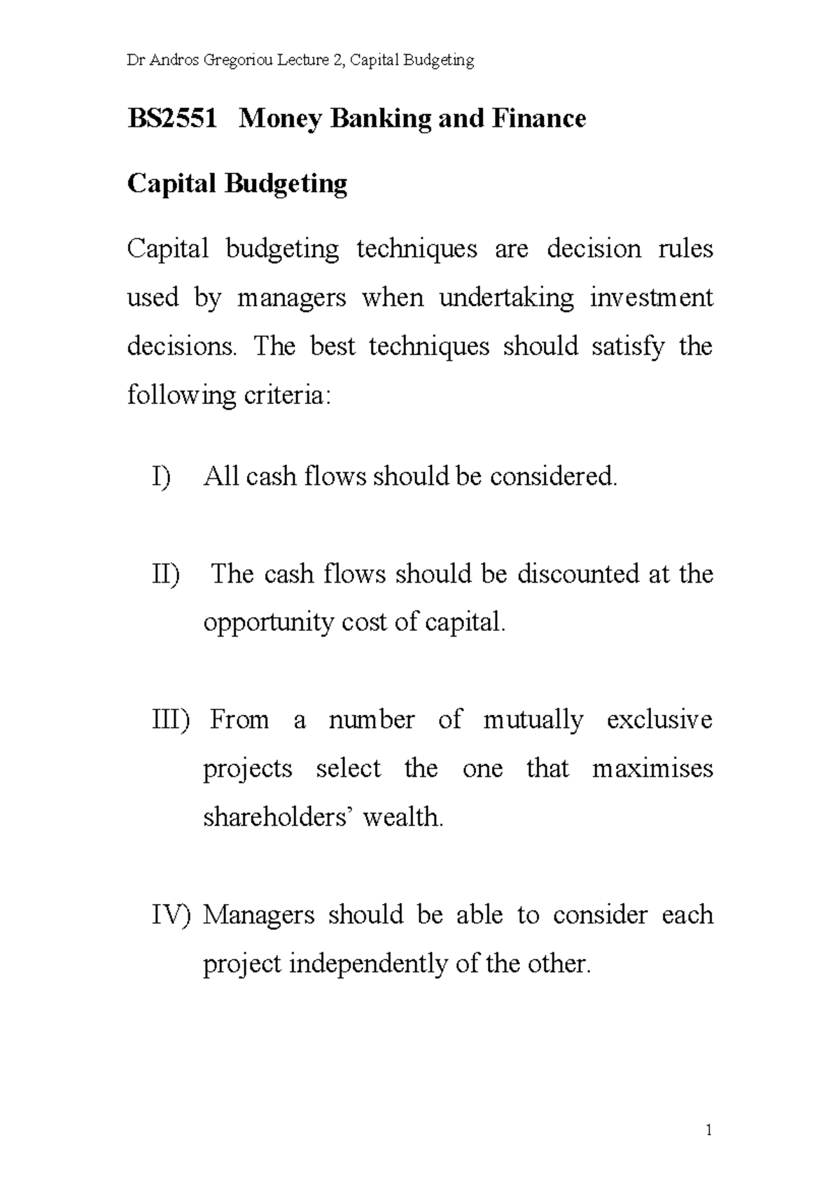 Lecture 2 Capital Budgeting - BS2551 Money Banking and Finance Capital ...