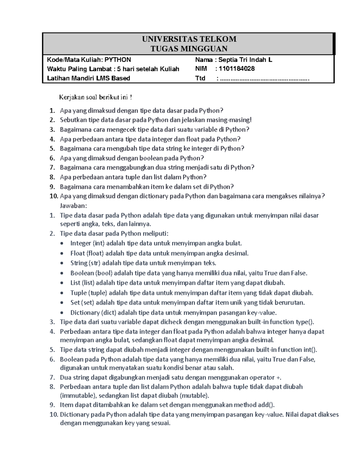 Tugas tipe data - Soal dan Pembahasan - UNIVERSITAS TELKOM TUGAS ...