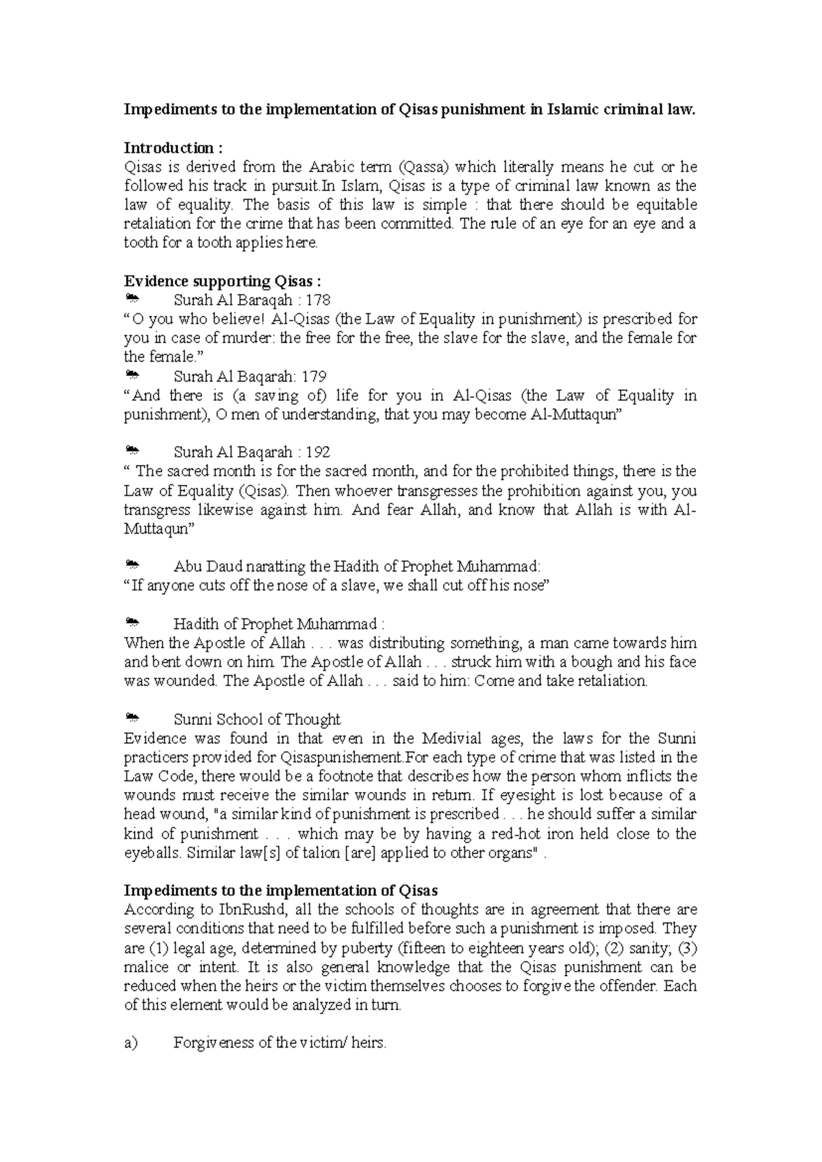 Impediments to the implementation of Qisas punishment in Islamic ...