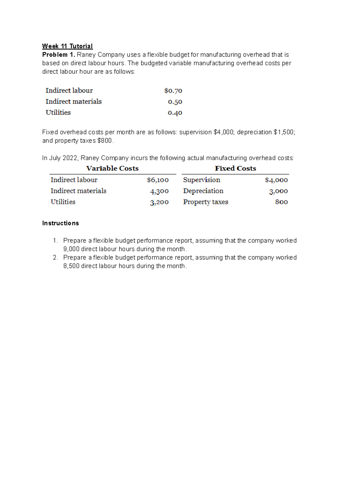 Chapter 12 theory - Week 11 Tutorial Problem 1. Raney Company uses a flexible budget for - Studocu