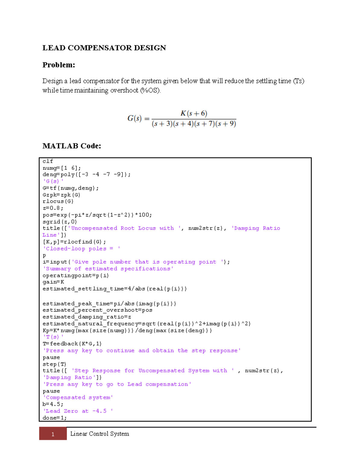 Control project - LEAD COMPENSATOR DESIGN Problem: Design a lead ...