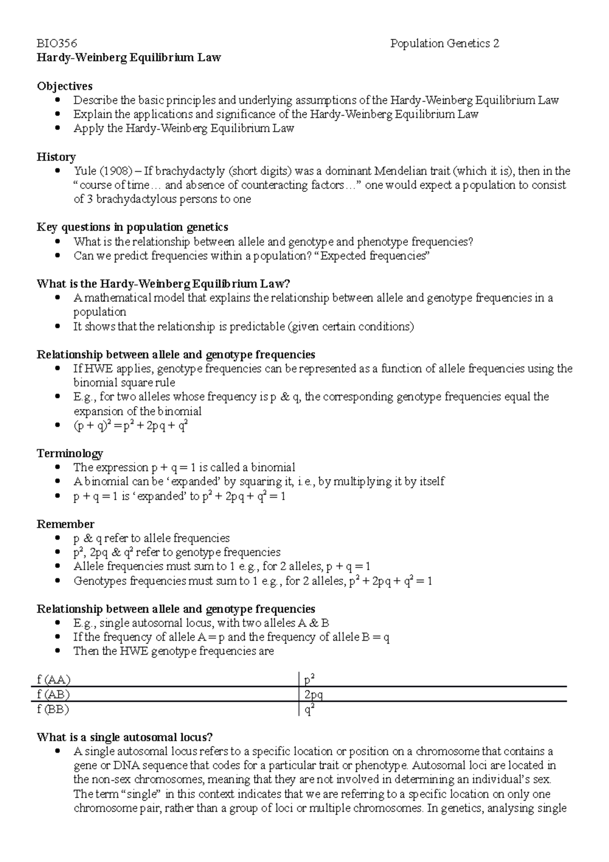 Lecture 9 Population genetics 2 - Hardy-Weinberg Equilibrium Law ...
