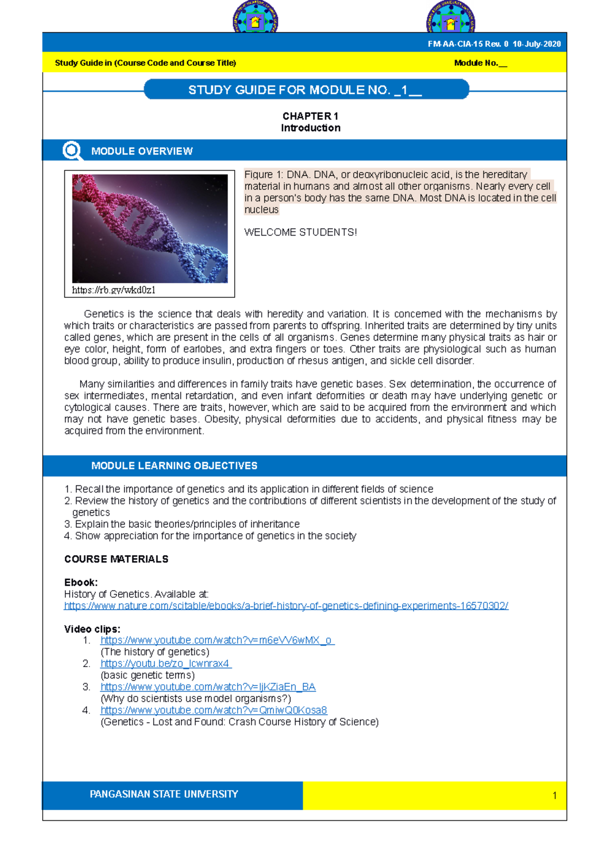 Study guide 1 Genetics - Lecture notes 2 - PANGASINAN STATE UNIVERSITY ...
