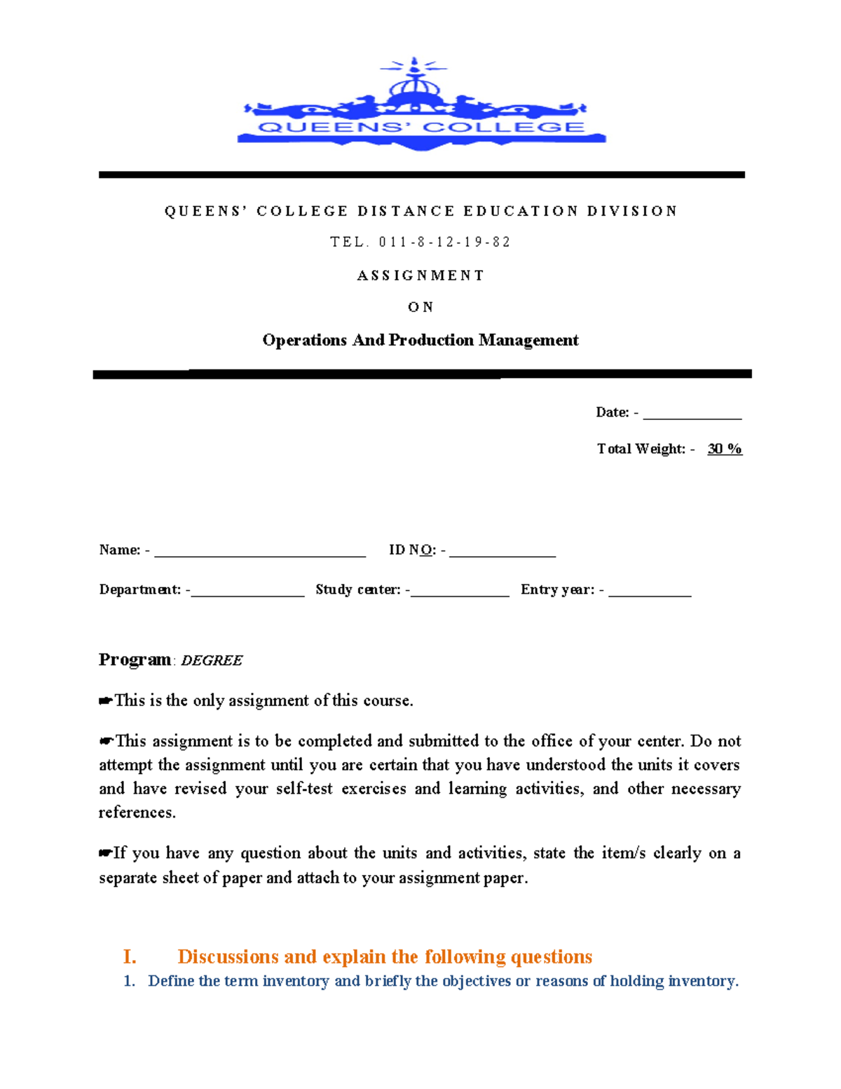 Assignment of Operation & Production Management - Q U E E N S ’ C O L L ...