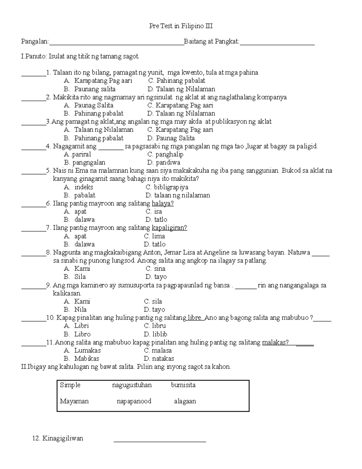 PRE-TEST Filipino 3 - gfdy - Pre Test in Filipino III Pangalan ...