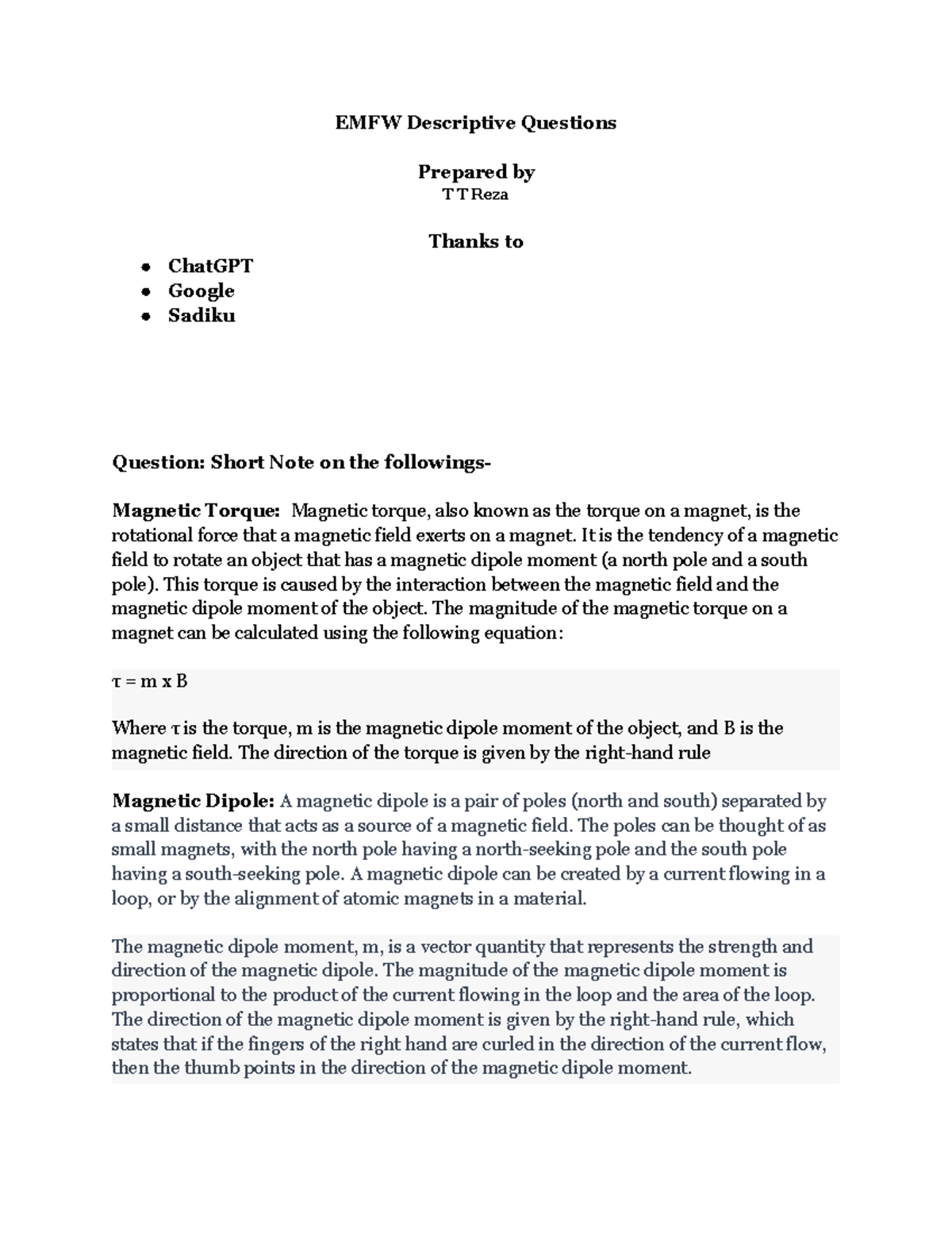 note of electromagnet - EMFW Descriptive Questions Prepared by T T Reza ...