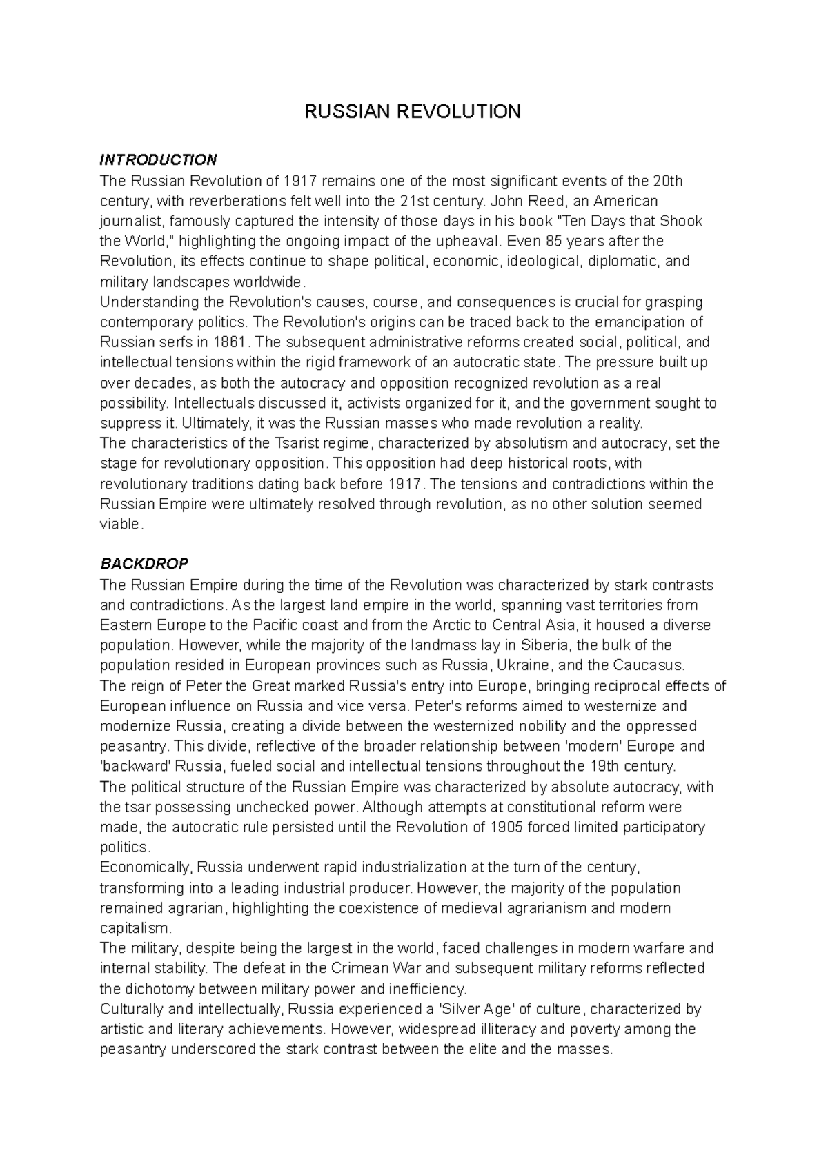 Russian Revolution 1870-1917 - RUSSIAN REVOLUTION INTRODUCTION The ...