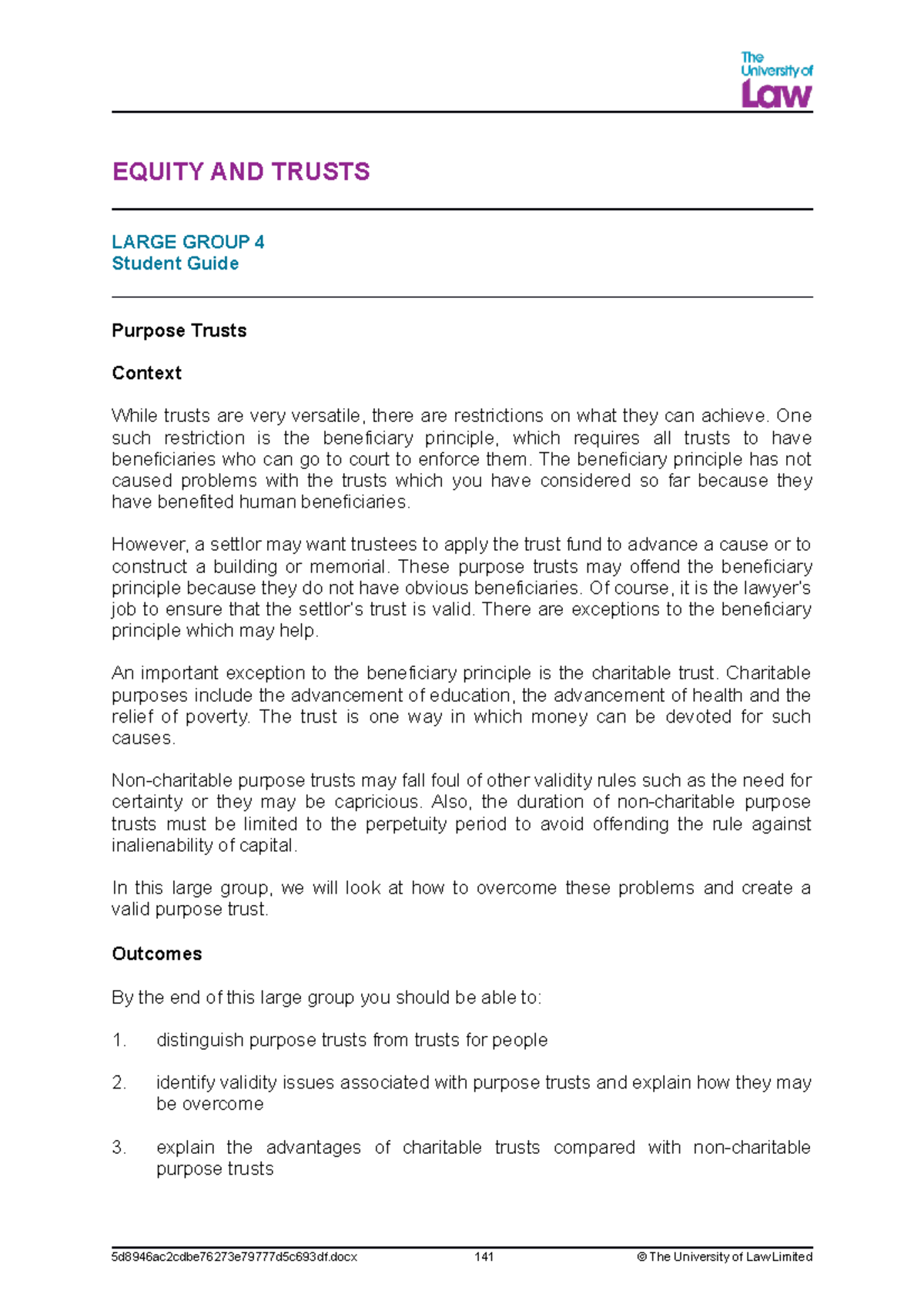 U4 - Purpose Trusts (Student Guide) - EQUITY AND TRUSTS LARGE GROUP 4 Student Guide Purpose ...
