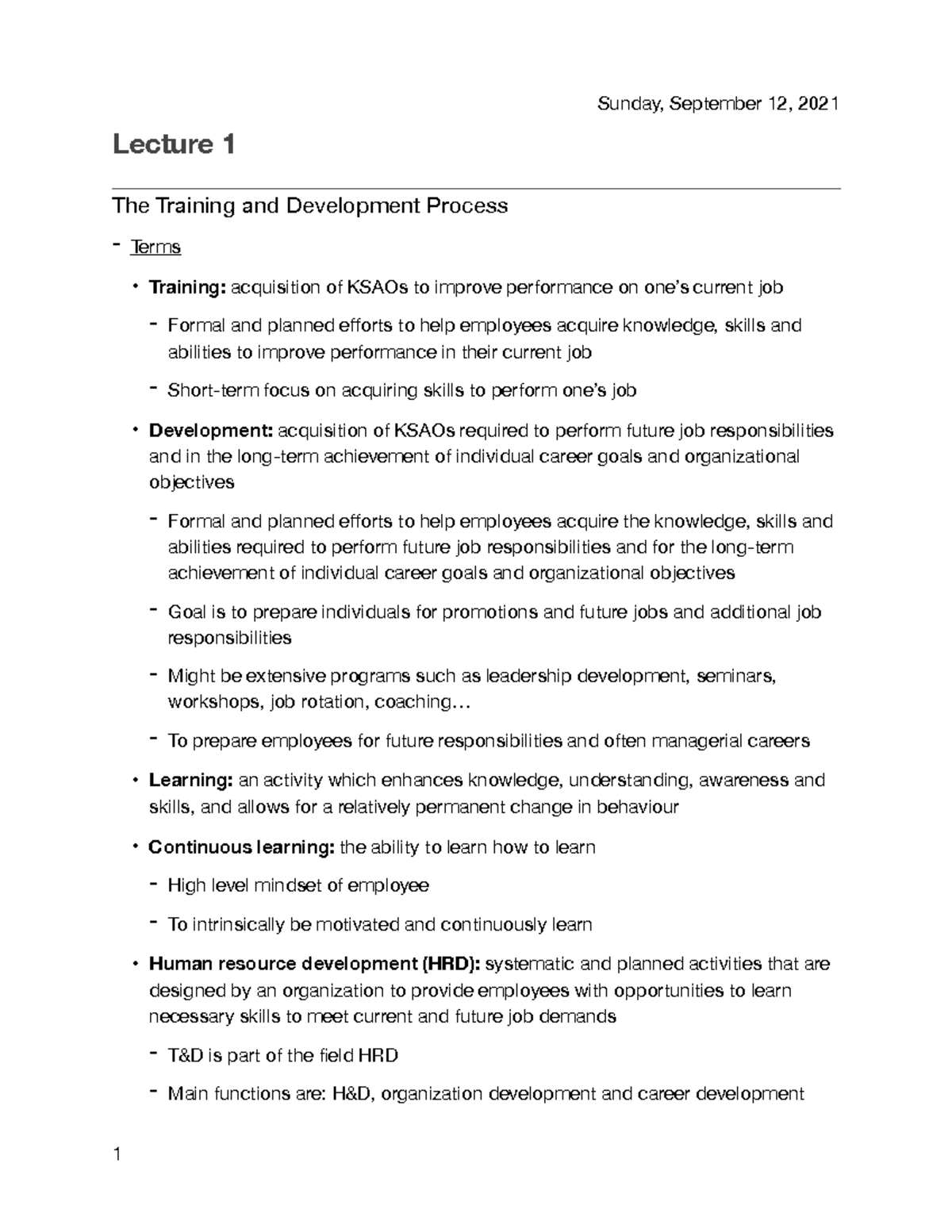 Lecture 1 Introduction to Training and Development - Lecture 1 The ...