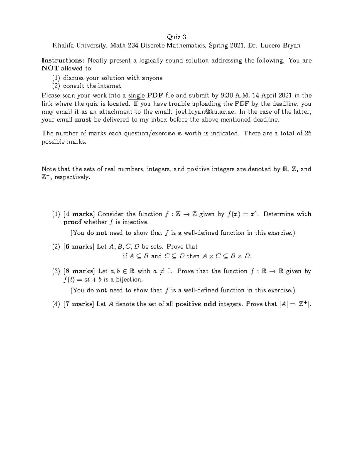 Discrete mathematics Quiz 3 234 Spring 2021 - Quiz 3 Khalifa University ...