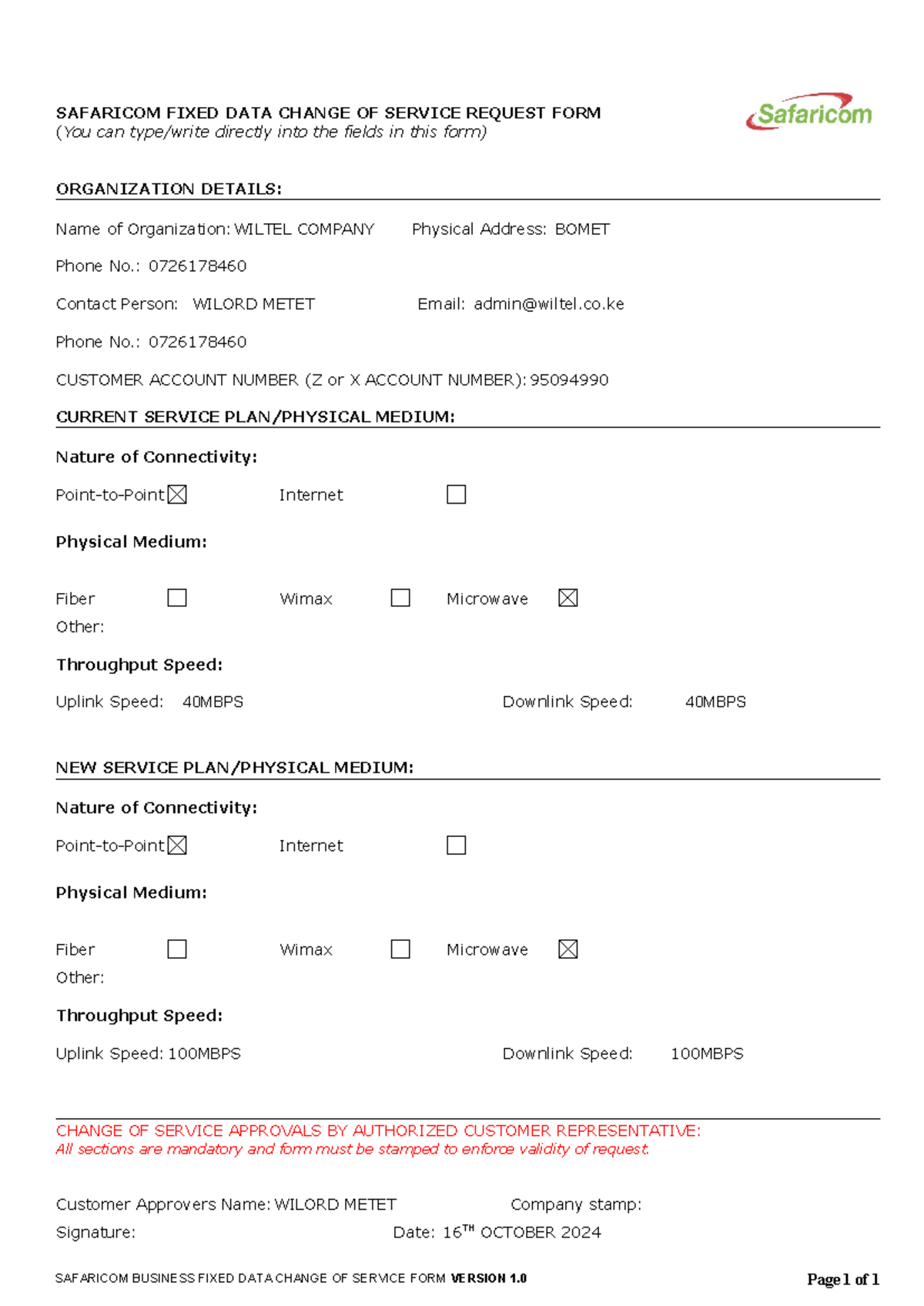 Change OF Service FORM - lecture notes - SAFARICOM FIXED DATA CHANGE OF ...