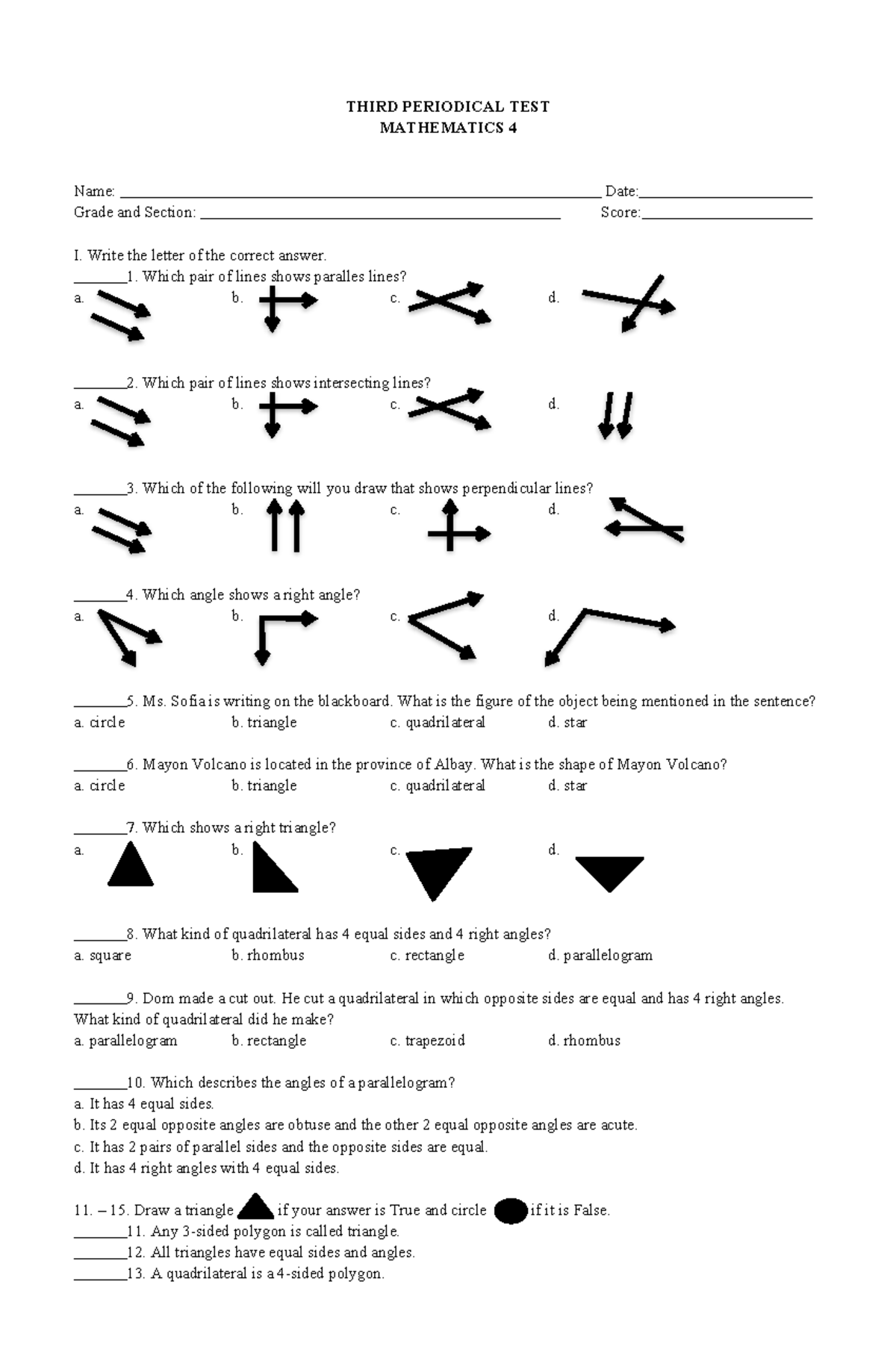 MATH 4 Third Periodical TEST - THIRD PERIODICAL TEST MATHEMATICS 4 Name ...
