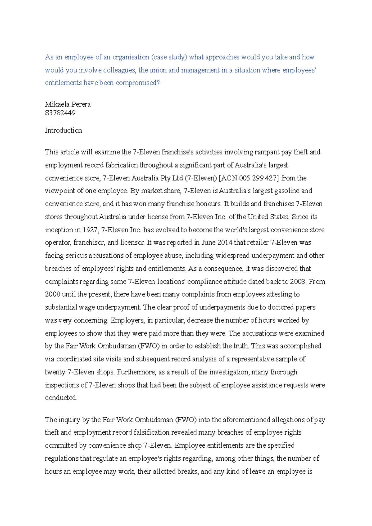 Employment relations assignment 1 - As an employee of an organisation ...