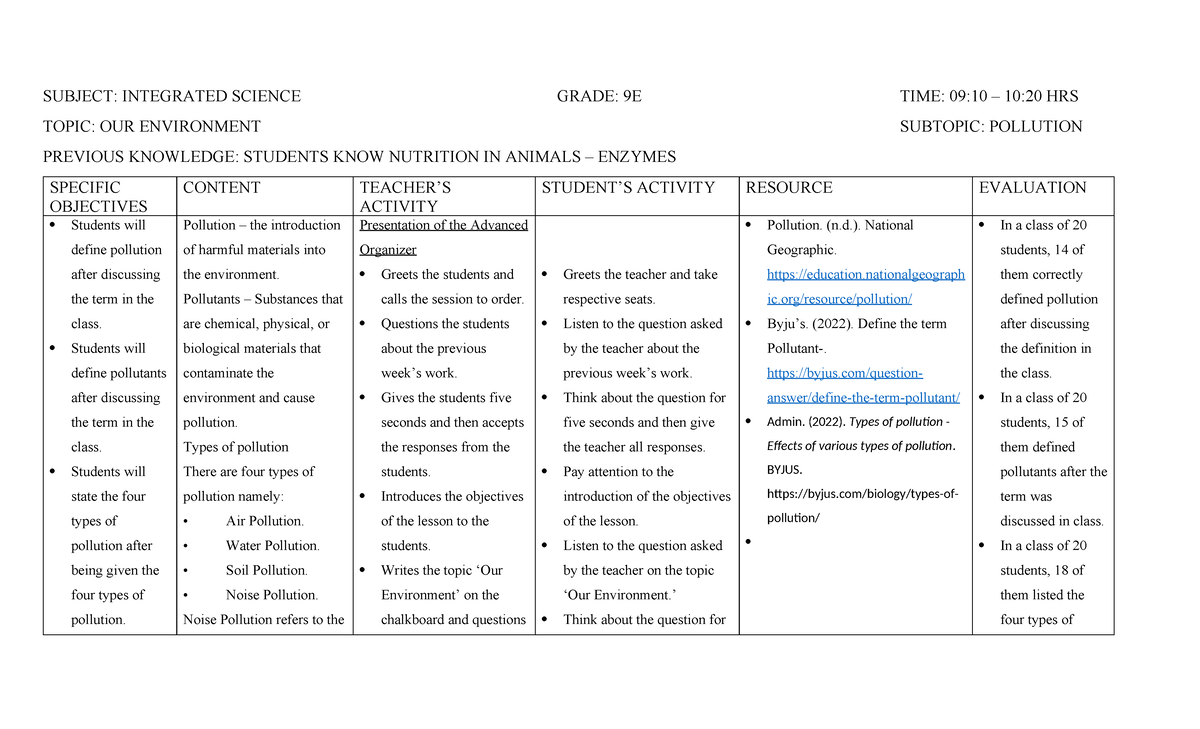 Week 2 Monday 2024-01-15 - SUBJECT: INTEGRATED SCIENCE GRADE: 9E TIME ...