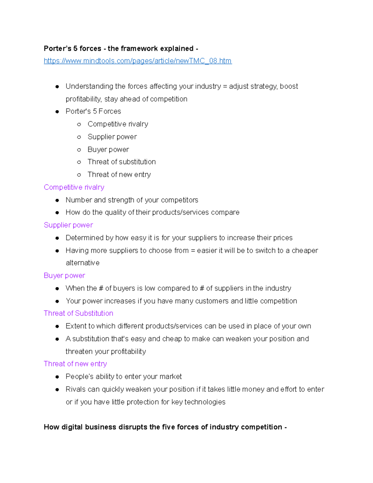 BIS Business strategy Notes - Gagne - Porter’s 5 forces - the framework ...