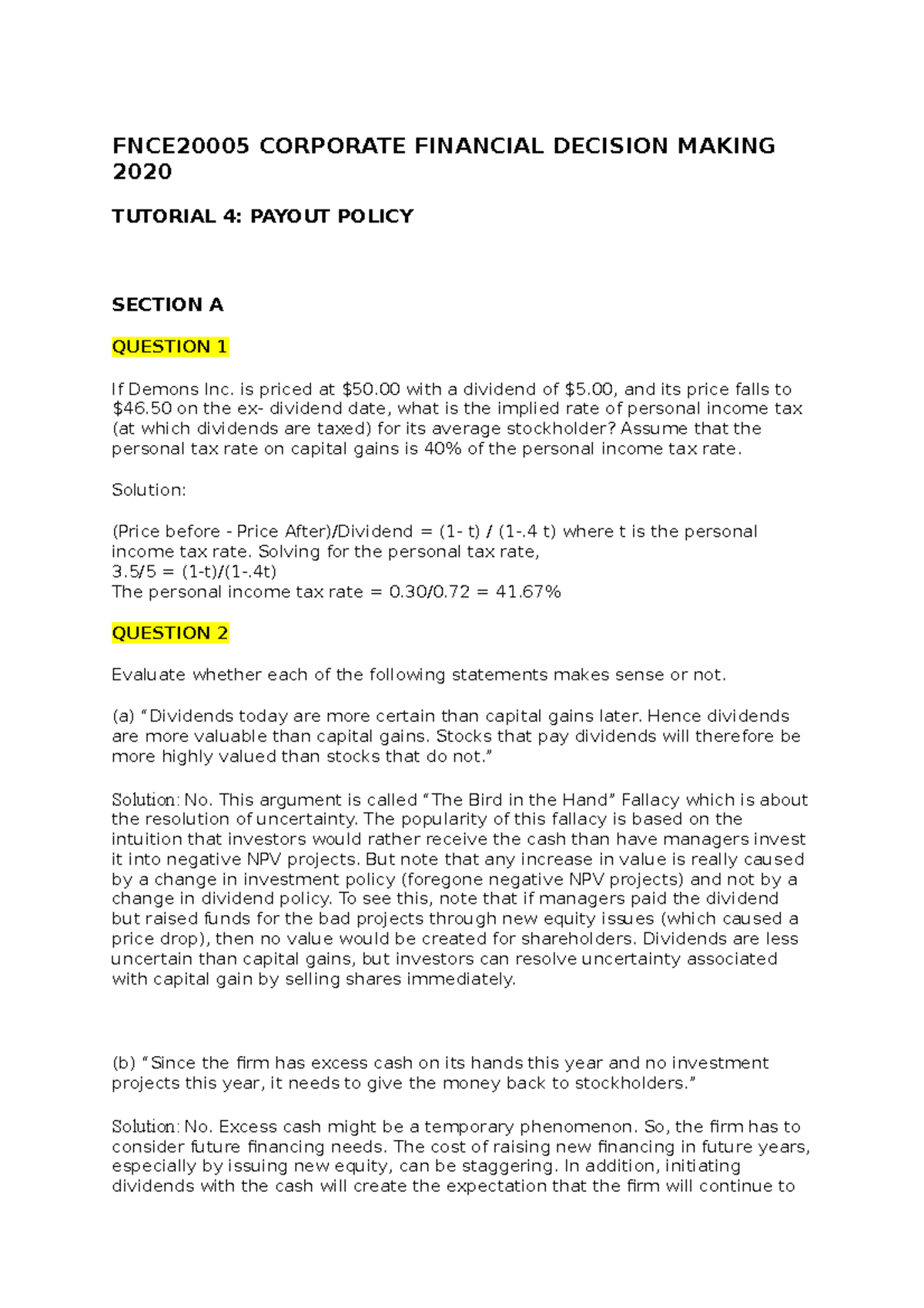 CFDM Tut 4 - CFDM tutorial 4 week 5 - FNCE20005 CORPORATE FINANCIAL ...