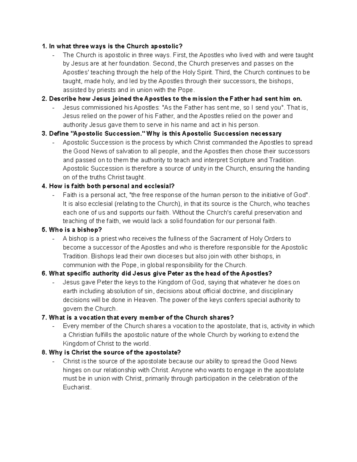 Chapter 6 Questions p 110 - In what three ways is the Church apostolic ...