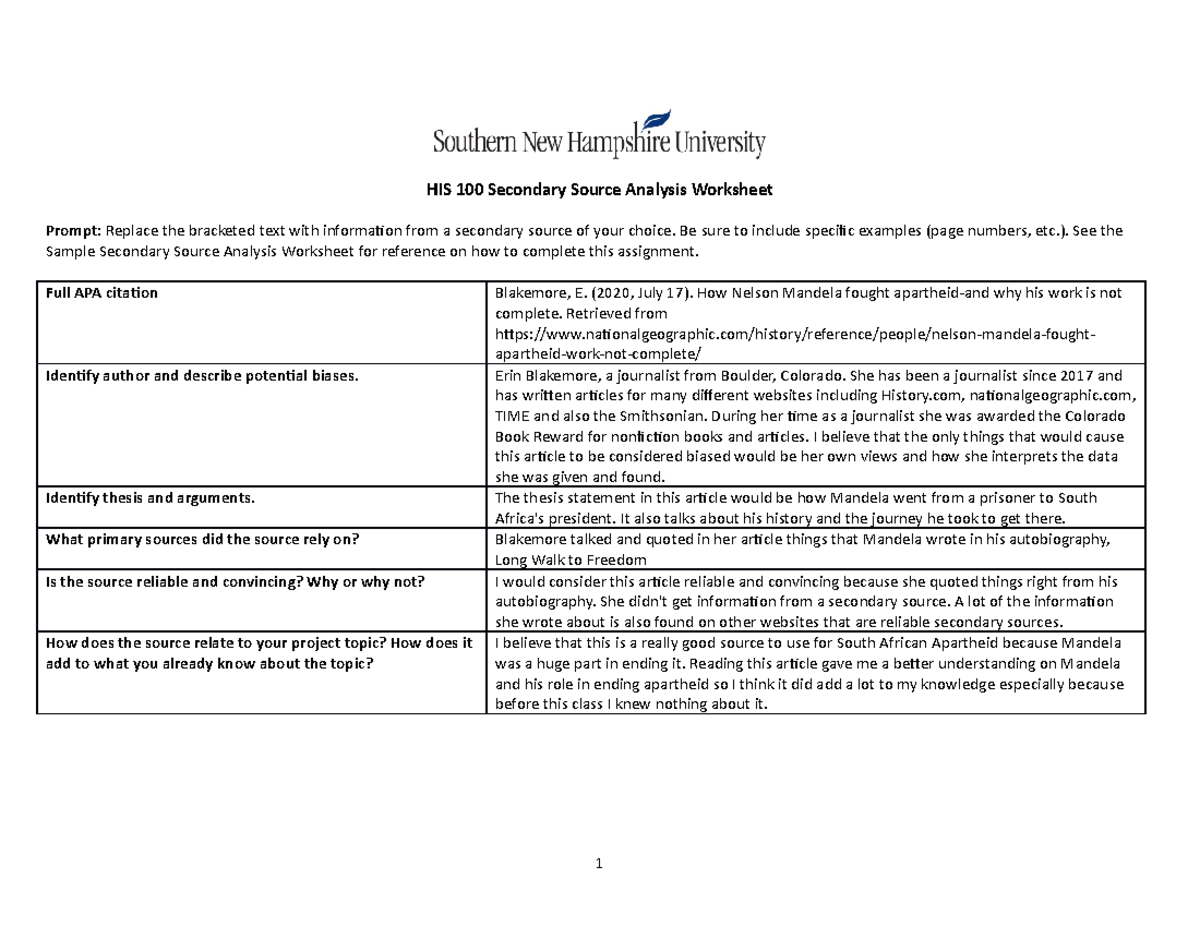 HIS 100 Secondary Source Analysis Worksheet - HIS 100 Secondary Source ...