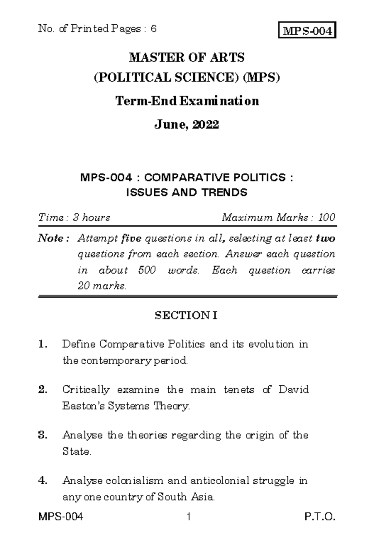 MPS-4 - Questions - MPS-004 1 P.T. MPS- MASTER OF ARTS (POLITICAL ...