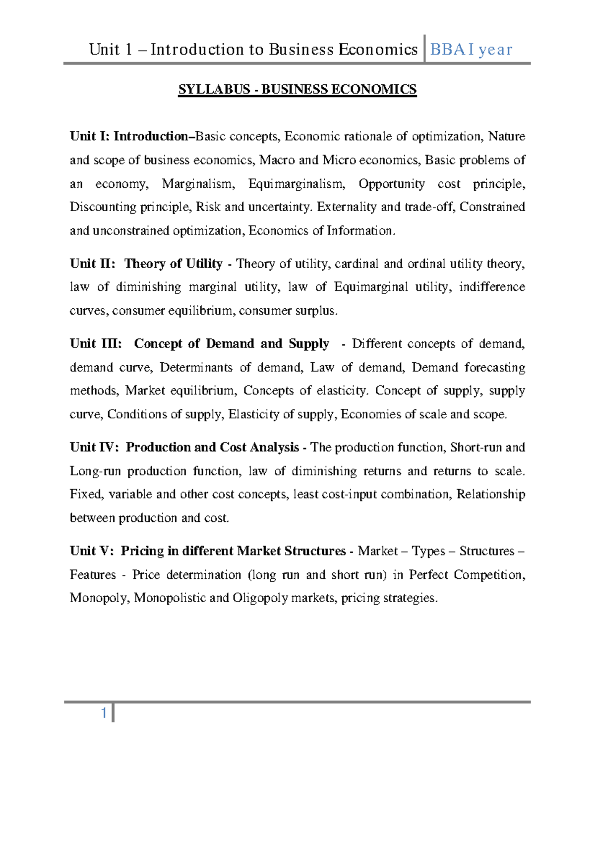 Business economics bba i sem - SYLLABUS - BUSINESS ECONOMICS Unit I ...