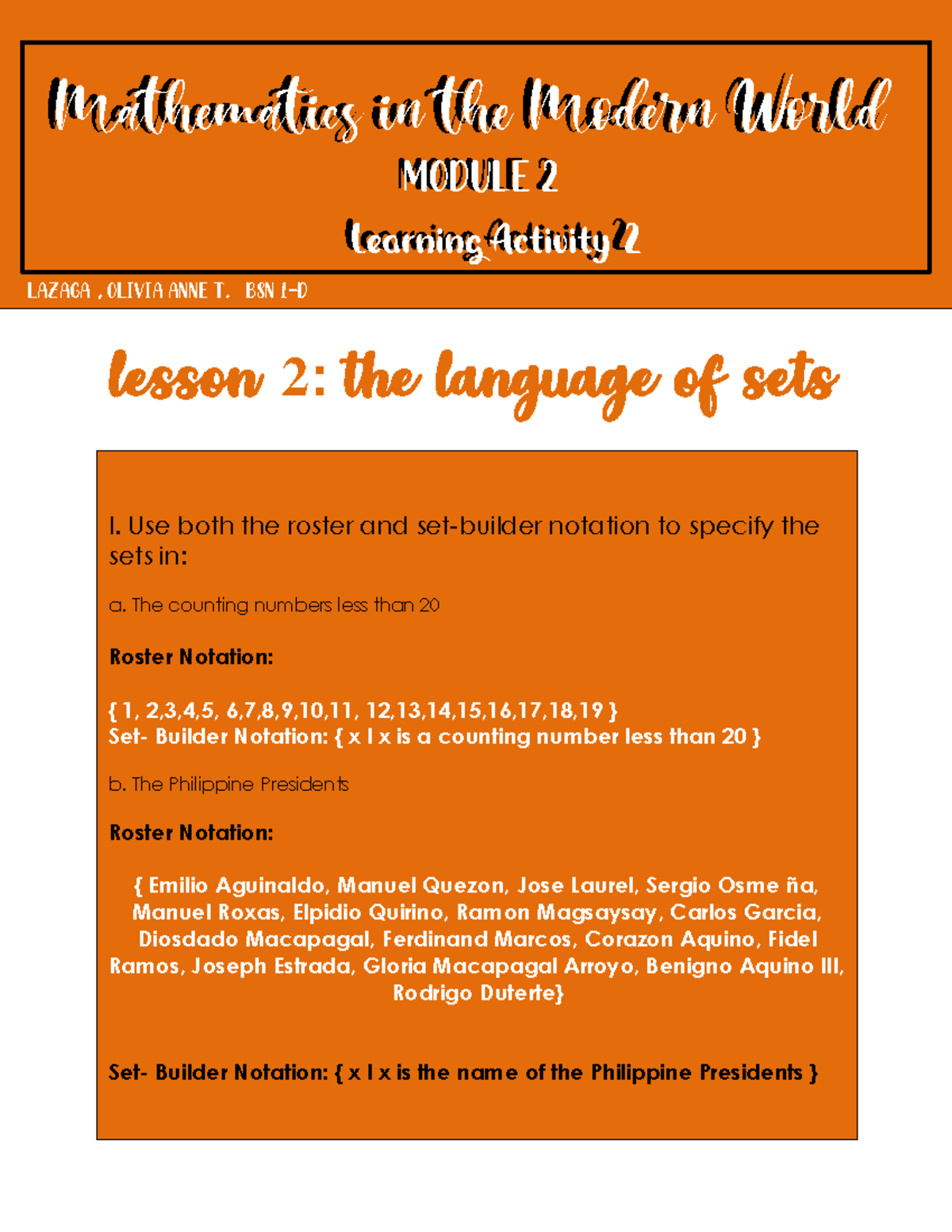 Learning Activity 2 - ts might helpp - Module 2Module 2 Lazaga , Olivia ...