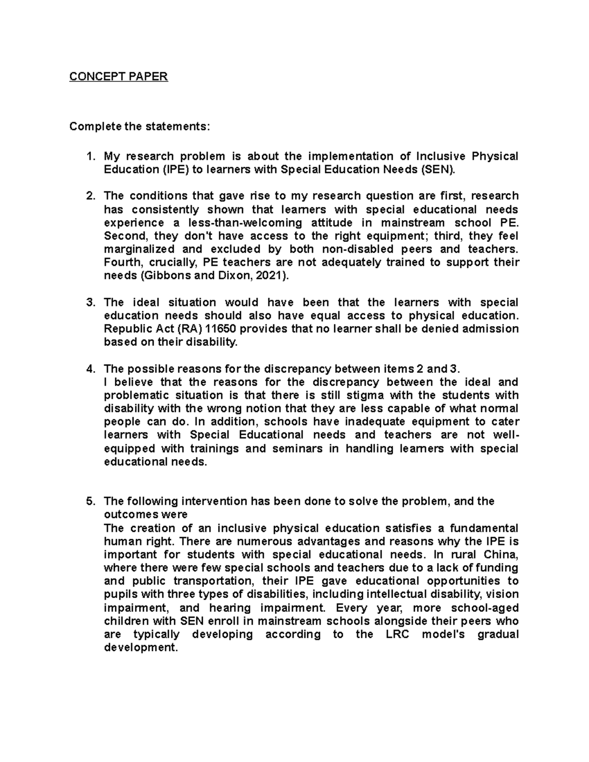 Concept- Paperhahah - CONCEPT PAPER Complete the statements: My ...