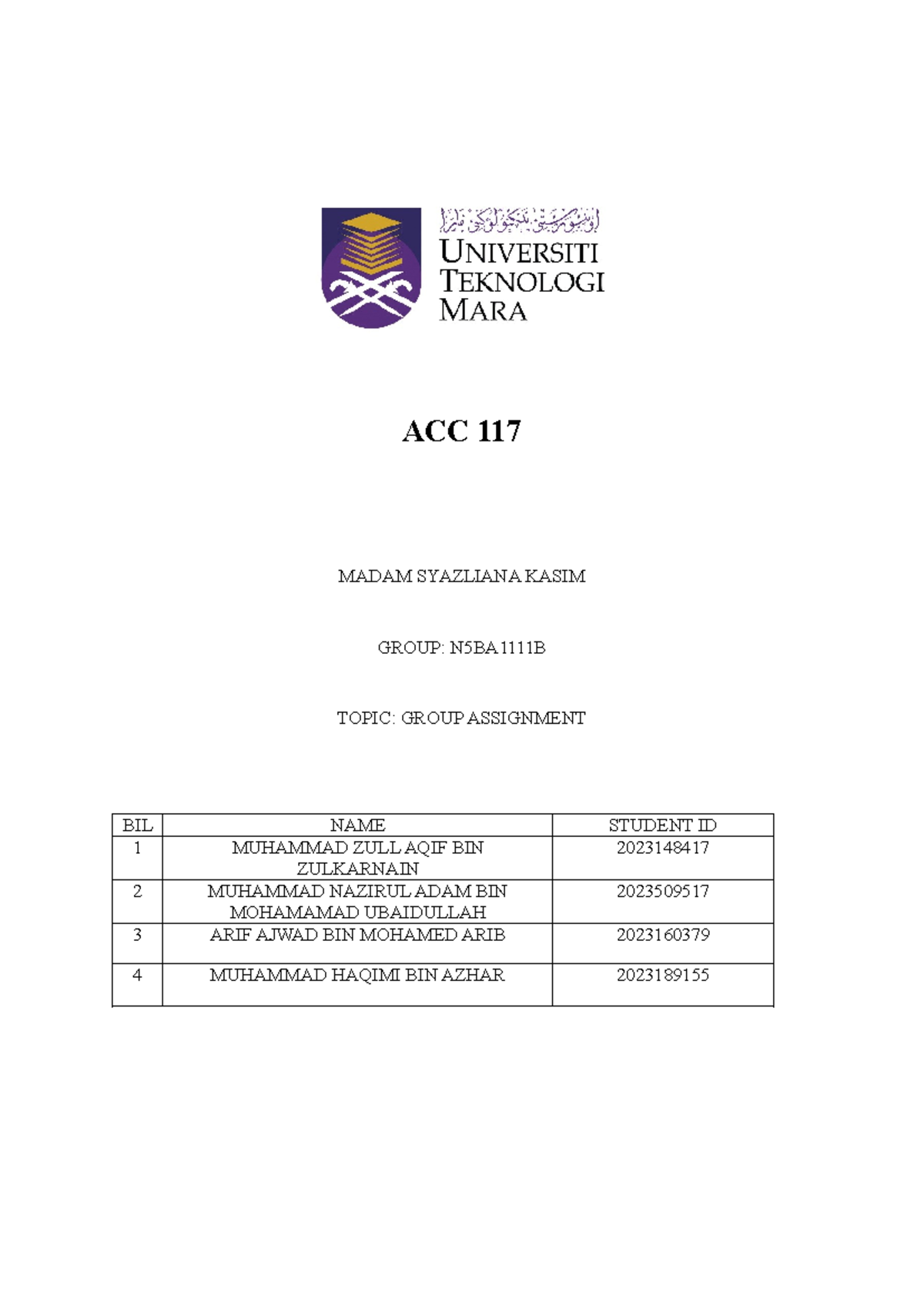 Project ACC - test - ACC 117 MADAM SYAZLIANA KASIM GROUP: N5BA1111B ...