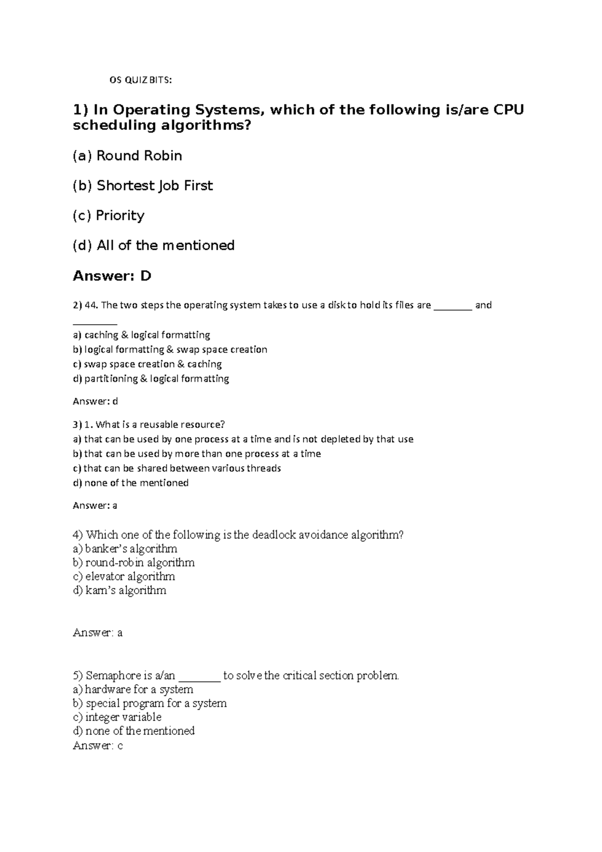OS QUIZ BITS - OS lab bits - OS QUIZ BITS: 1) In Operating Systems ...