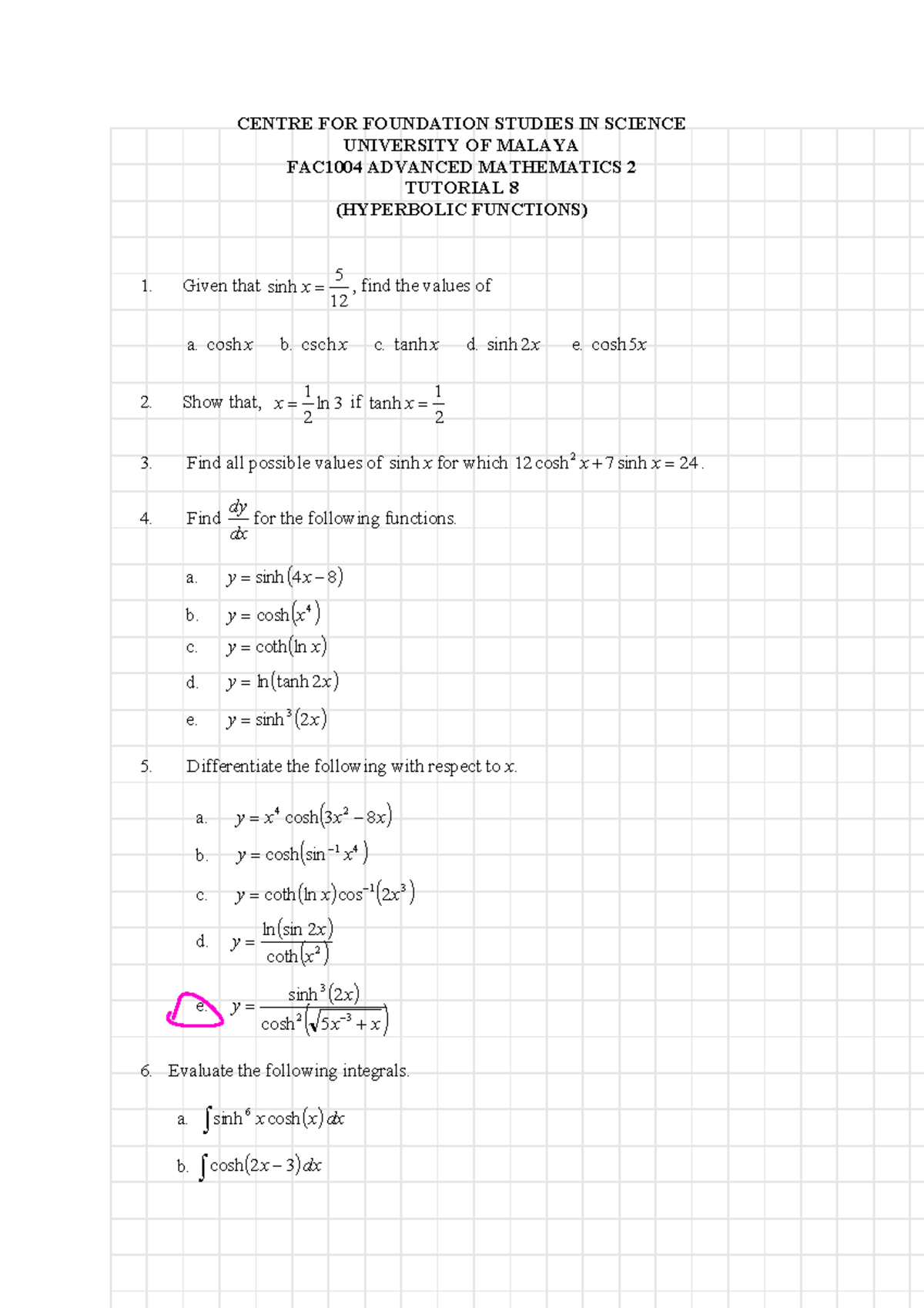 6. Hyperbolic Function - CENTRE FOR FOUNDATION STUDIES IN SCIENCE UNIVERSITY OF MALAYA FAC1004 ...