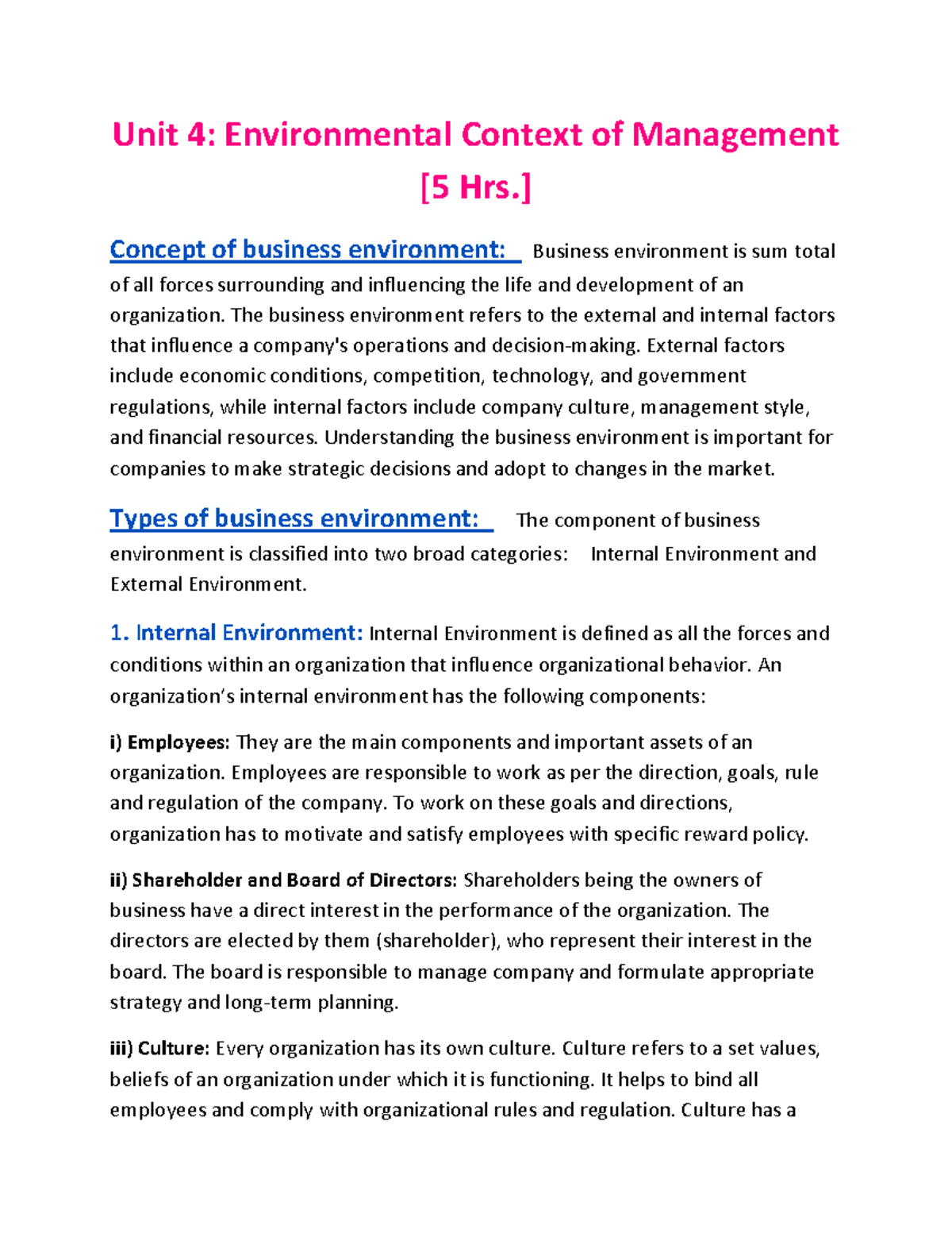 POM Unit-4 - POM Unit-4 - Unit 4: Environmental Context of Management [5 Hrs.] Concept of ...