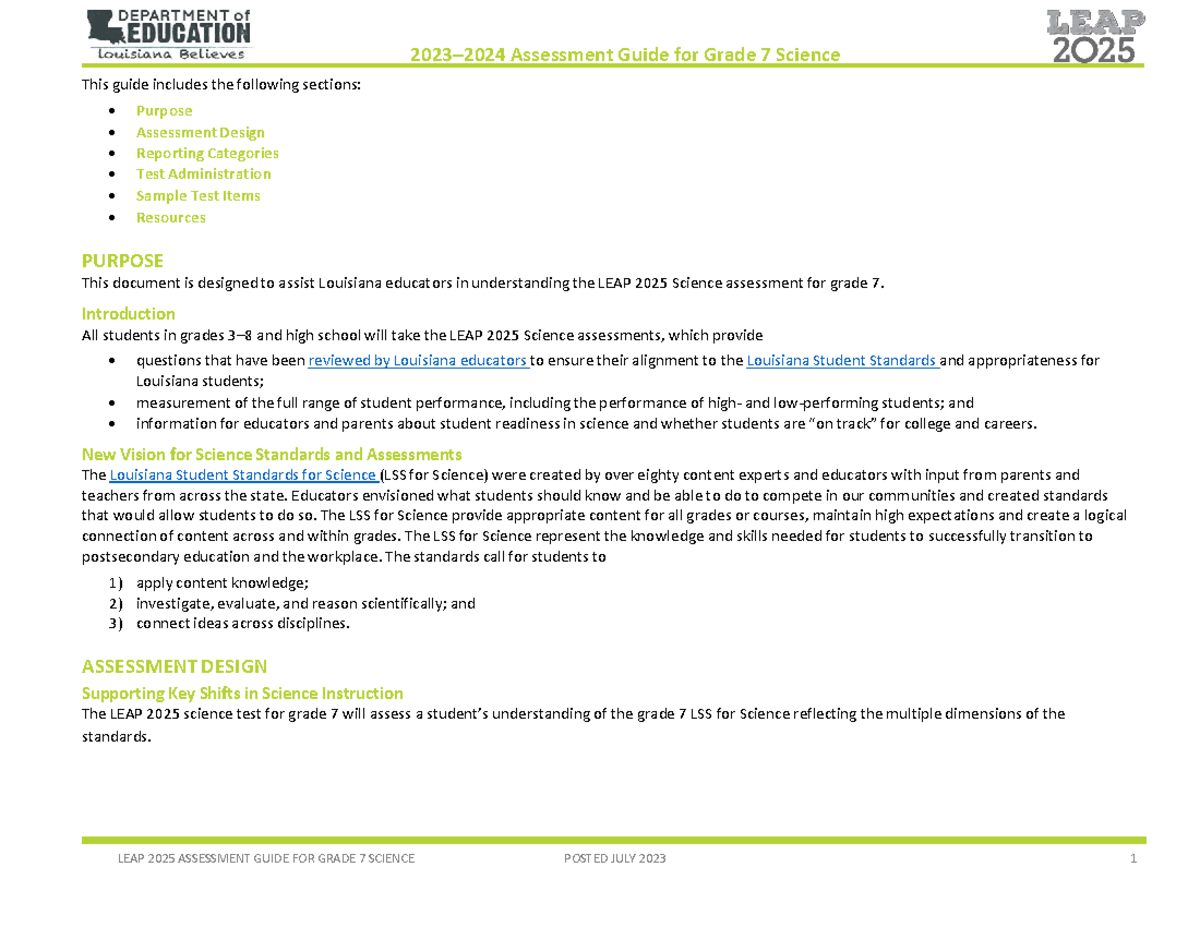 Leap 2025 assessment guide for grade 7 science - This guide includes ...