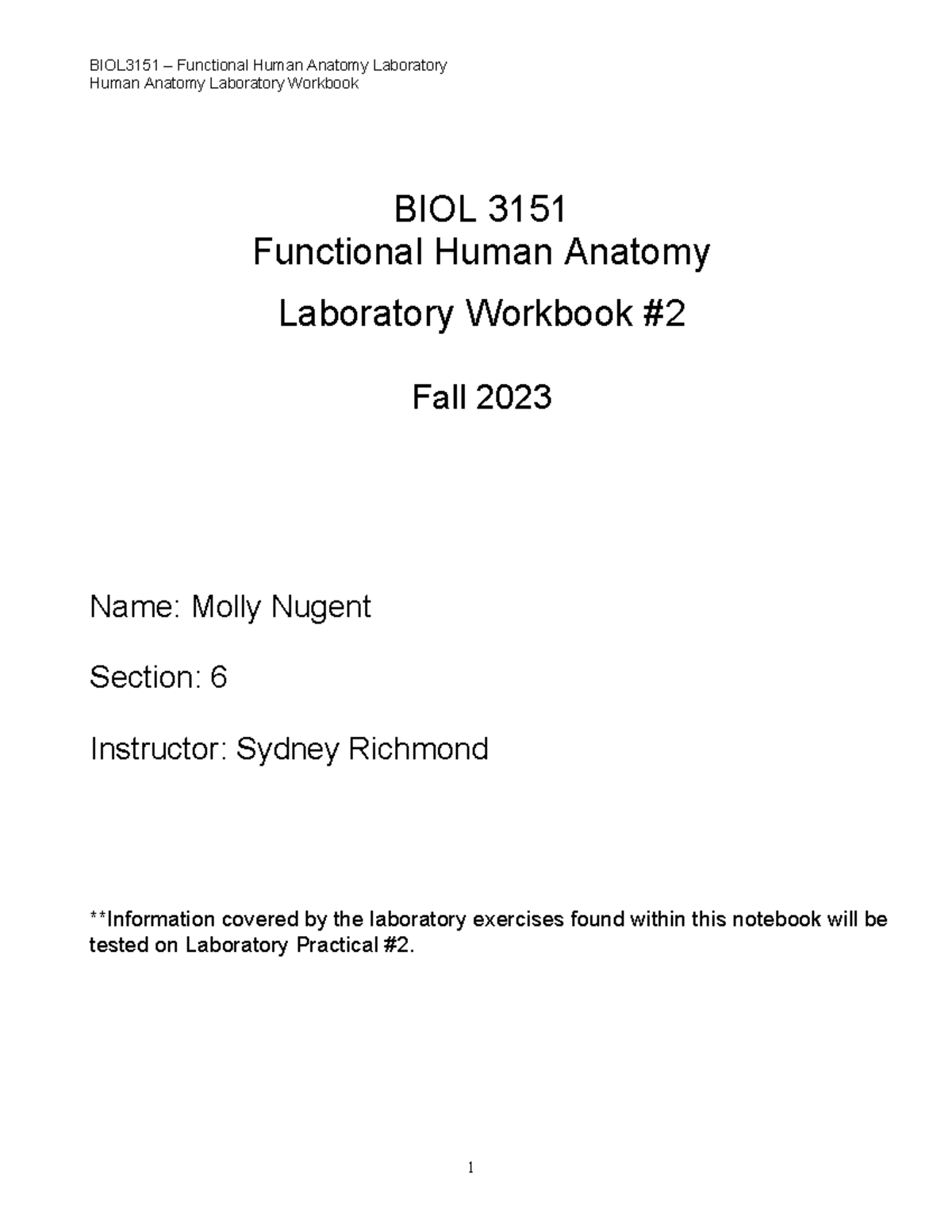 Pre Lab 5 - Human Anatomy Laboratory Workbook BIOL 3151 Functional ...
